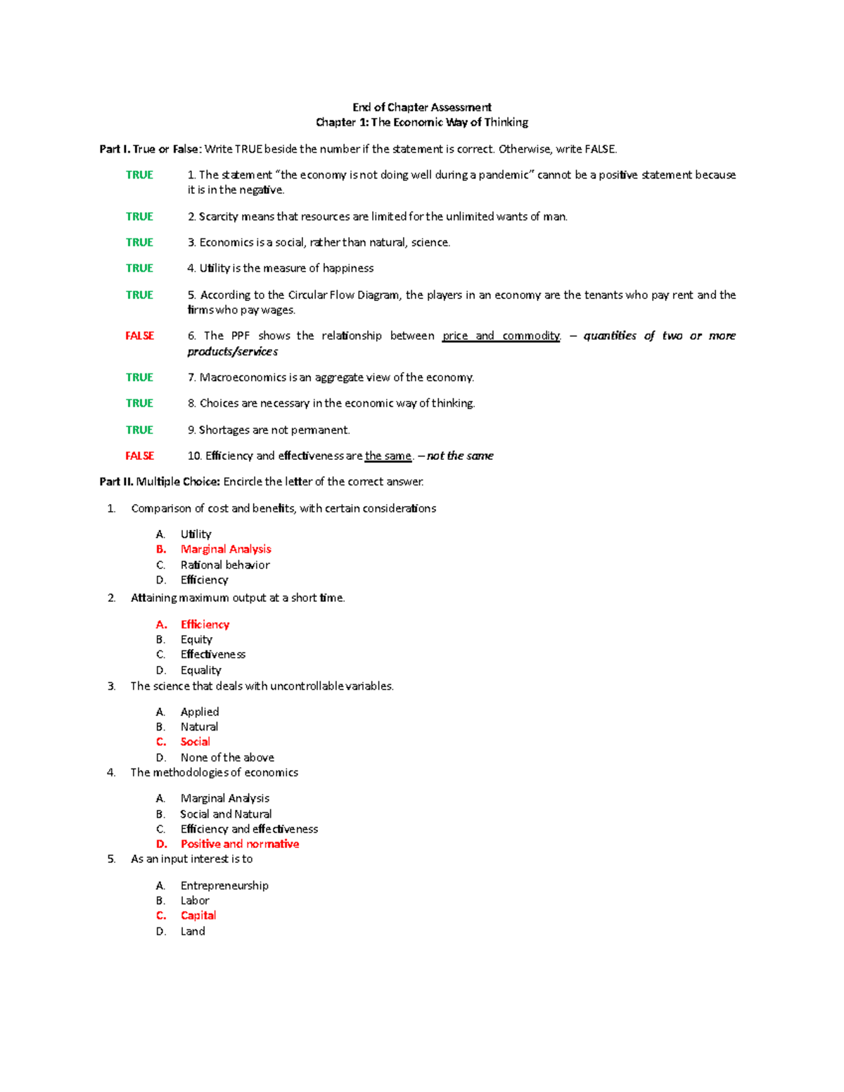ECON-Chapter 1-4 Assessments: True/False & MCQs Review - Studocu