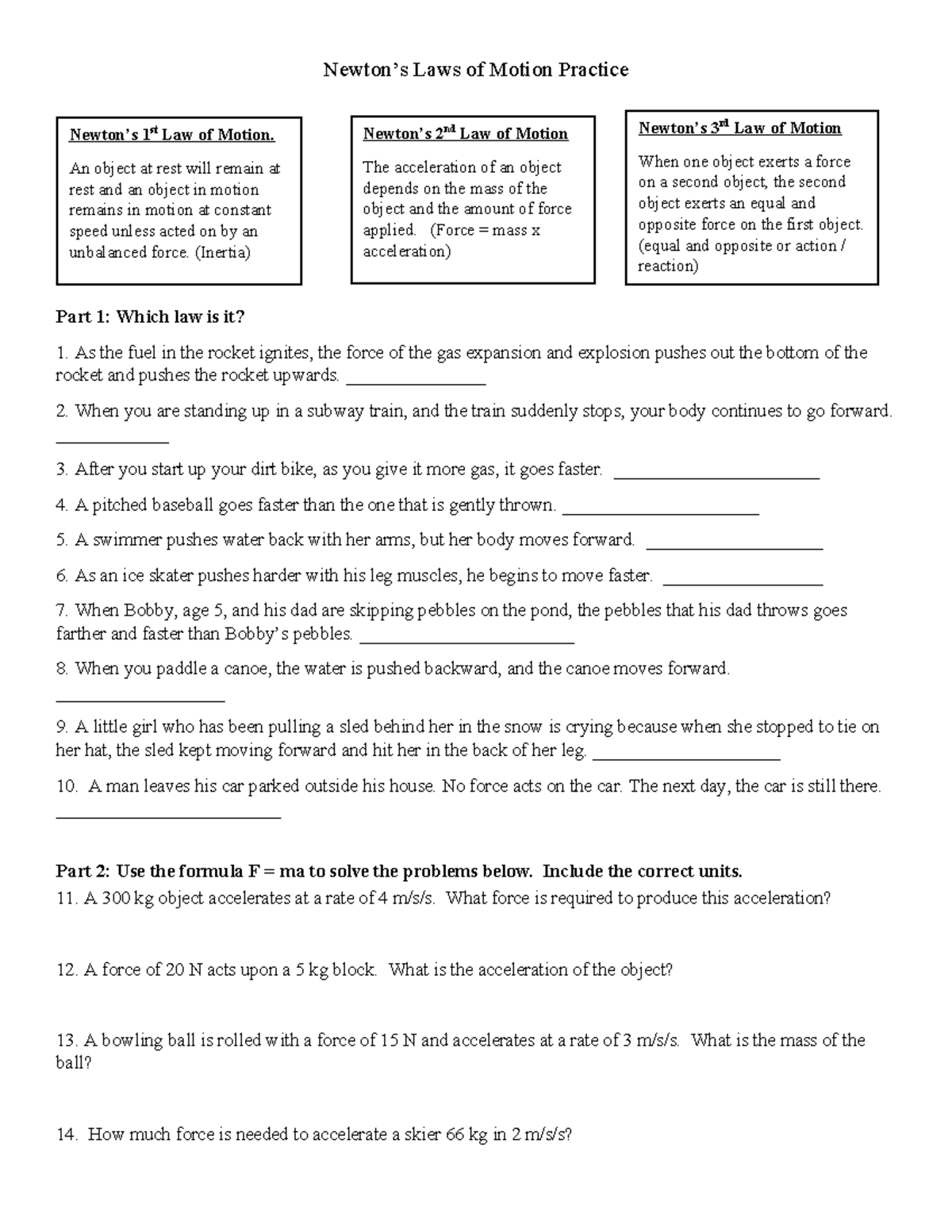 Newton's Laws of Motion Practice-1 - Newton’s Laws of Motion Practice ...