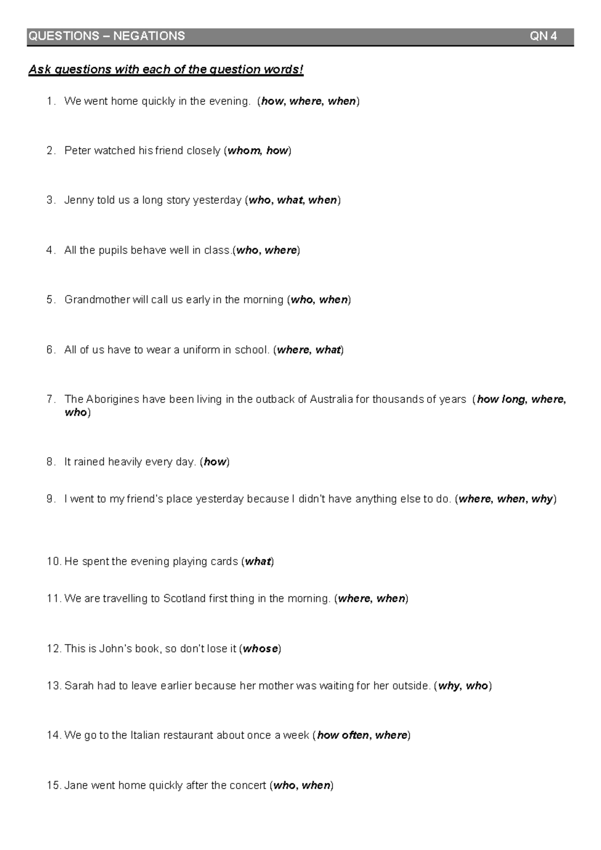 QN 4 - Practice Questions with Question Words - Studocu