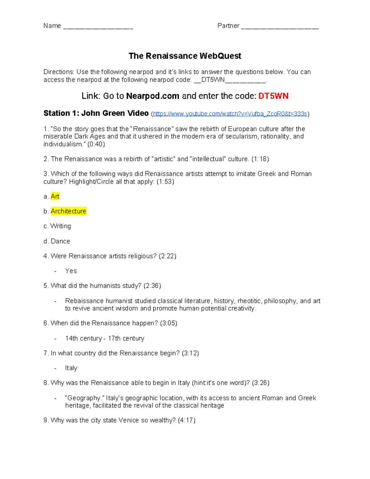 Renaissance WebQuest: Exploring Humanism, Art & New Ideas - Studocu