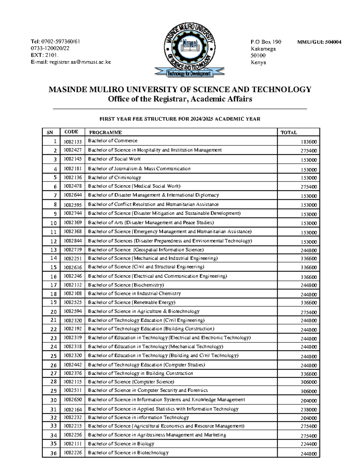 FEE STRUCTURE 2024/2025: FIRST YEAR PROGRAMMES - EXT: 2101 - Studocu