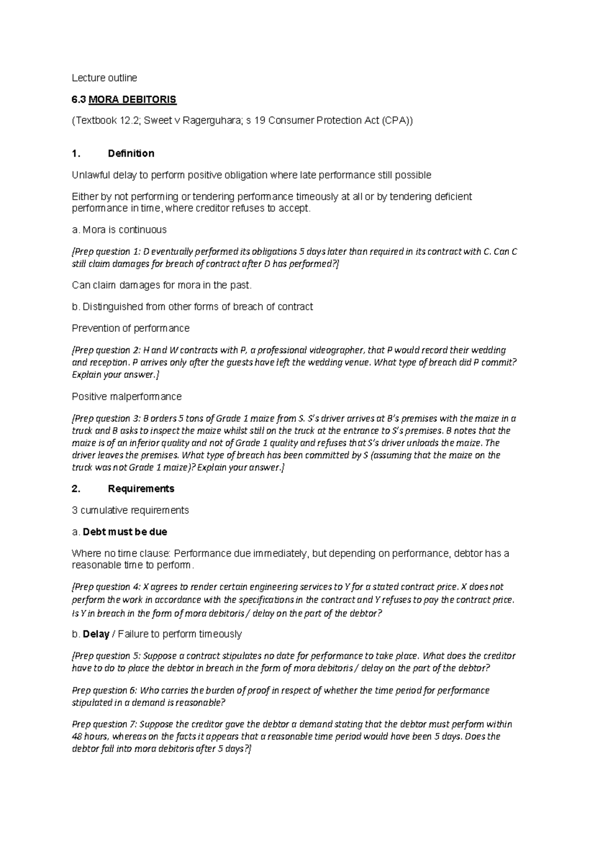 Lecture Outline 6.3: Mora Debitoris and Breach of Contract Analysis ...