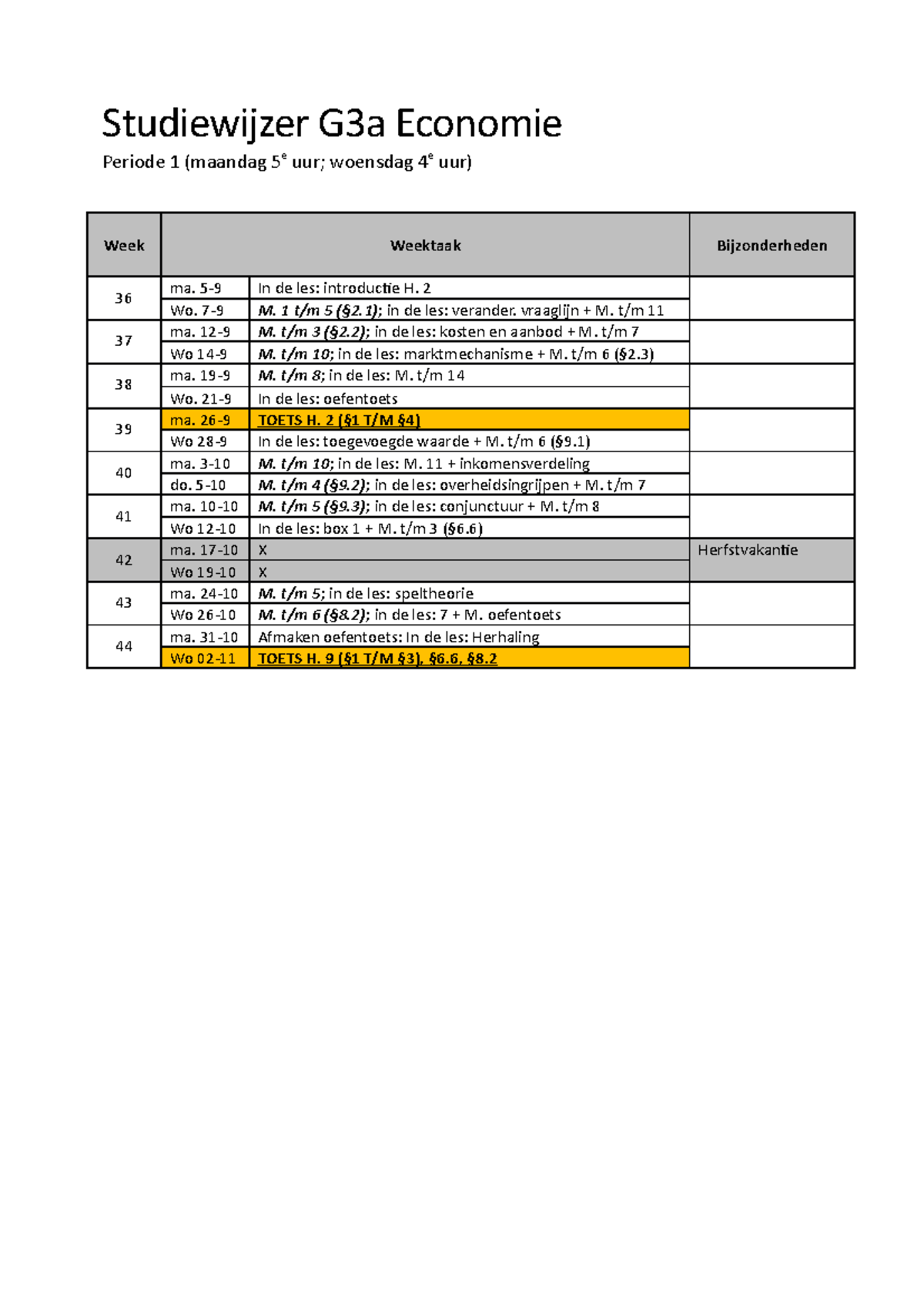 Studiewijzer G3a Economie Periode 1 2022-2023 - Studeersnel