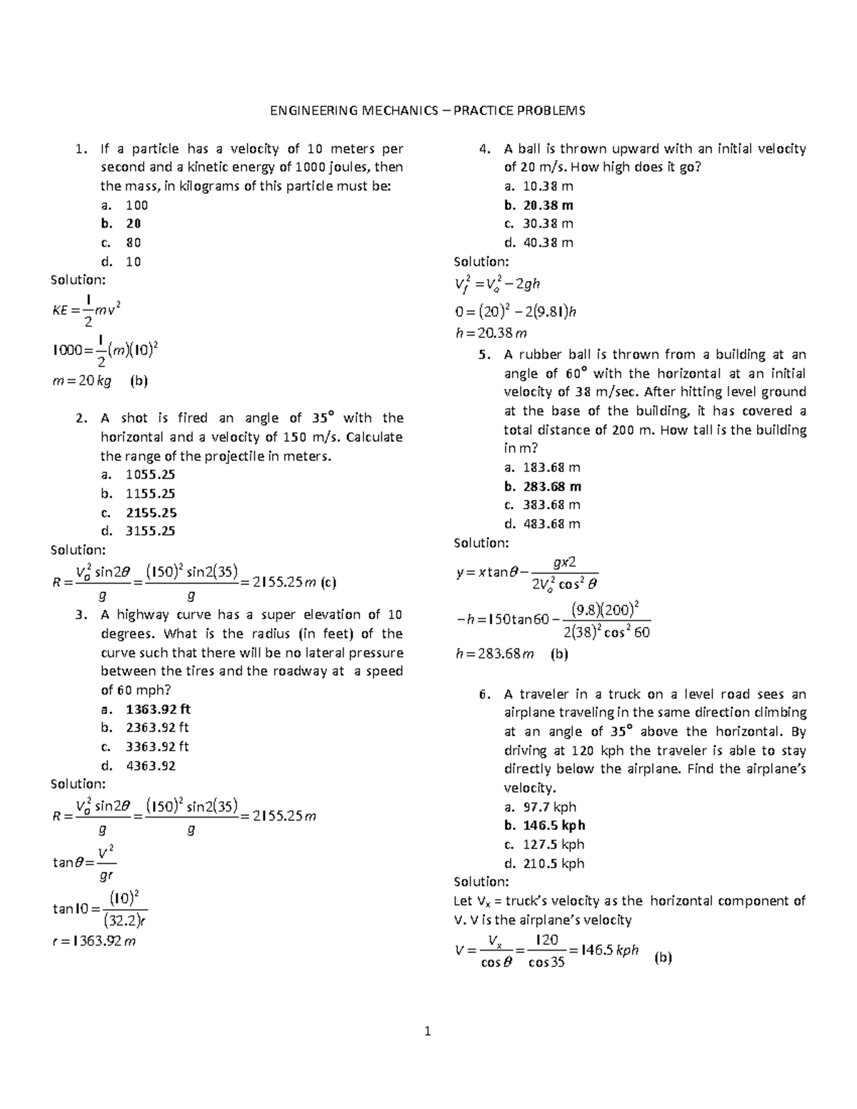 Engineering Mechanics Practice Problems: Sample Questions (ME101) - Studocu