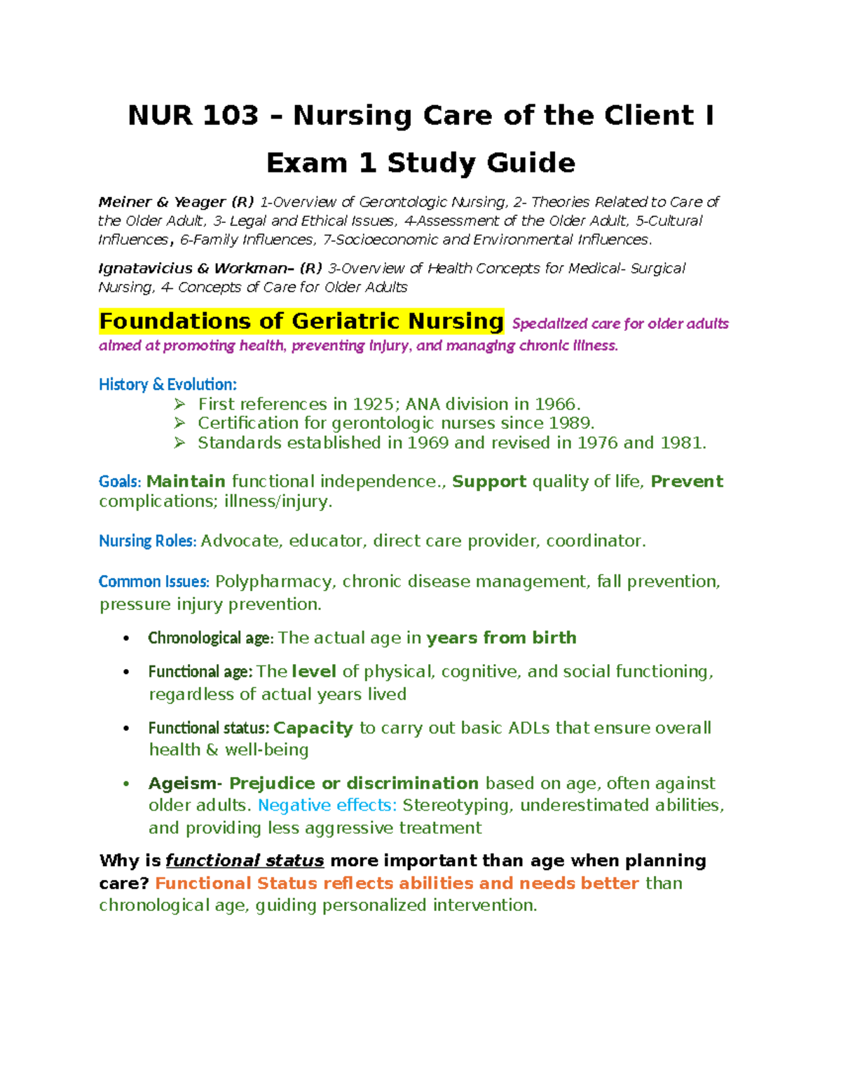NUR 103 Exam 1 Study Guide: Gerontologic Nursing Essentials - Studocu
