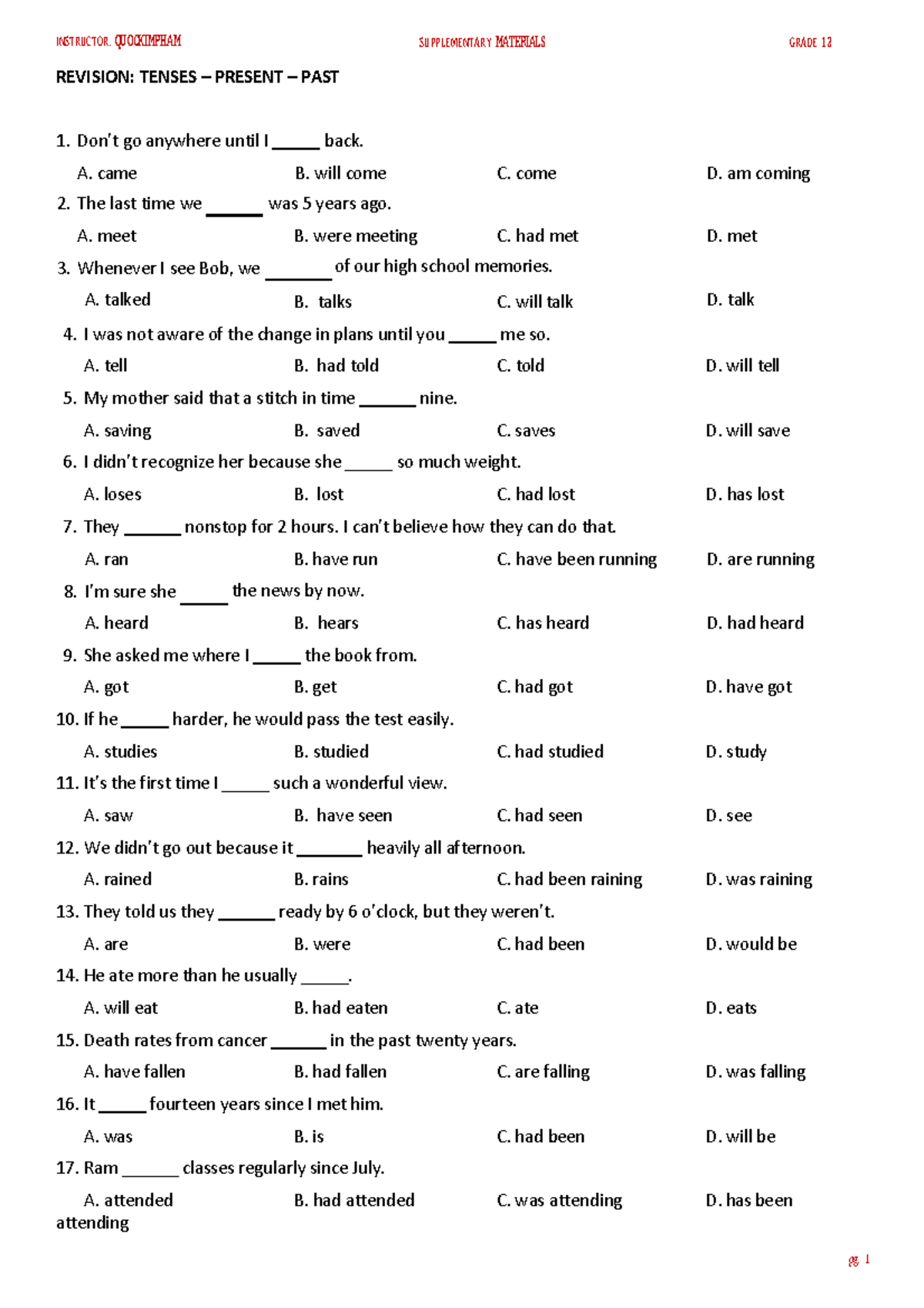 GRADE 12 SUPPLEMENTARY MATERIALS: TENSES REVISION GUIDE - Studocu