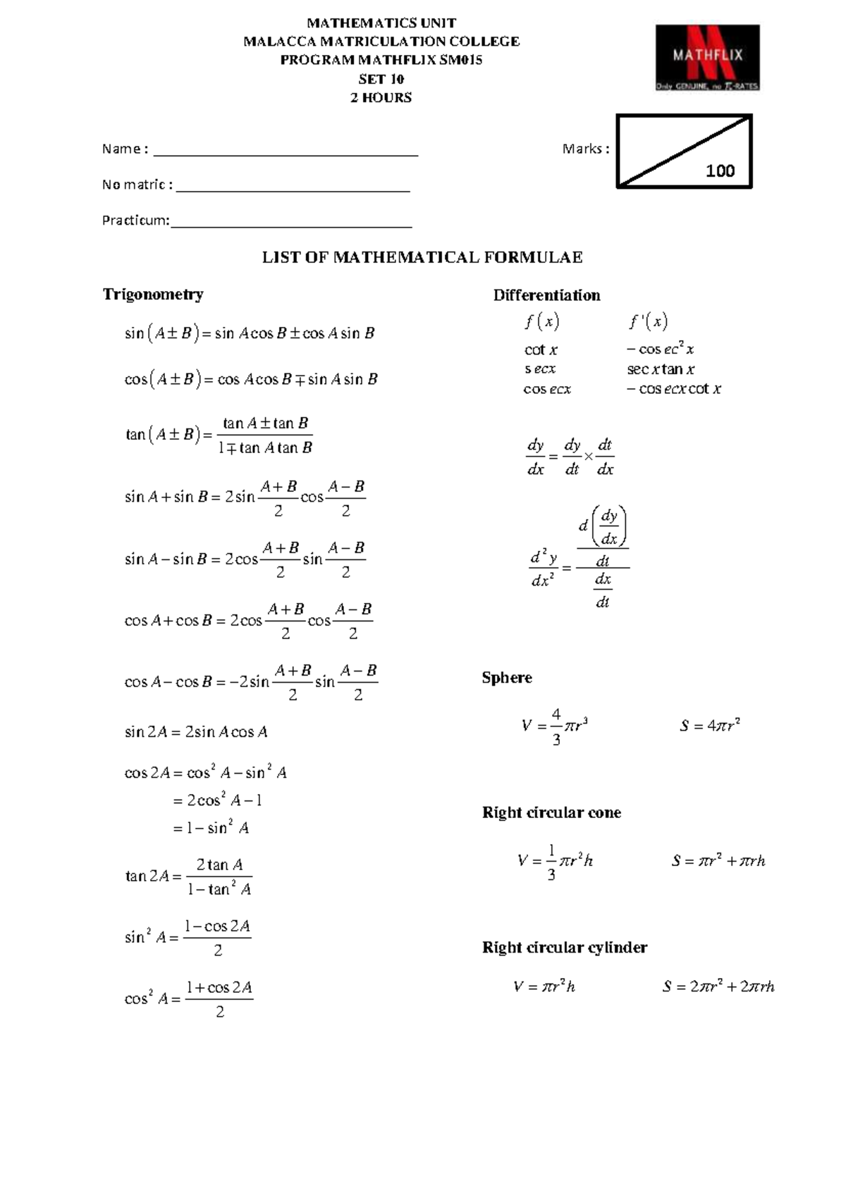 Mathflix 10 Student - mathematics trial questions for PSPM - MALACCA MATRICULATION COLLEGE ...