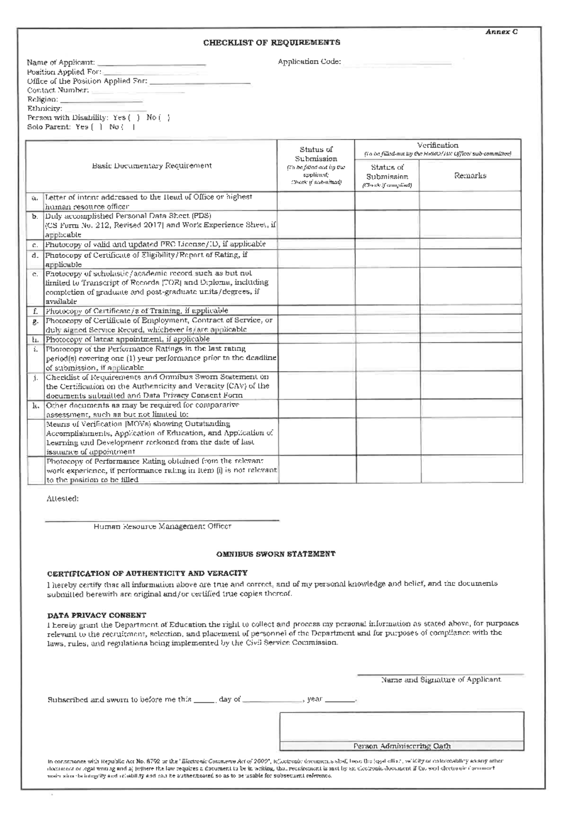 Omnibus Checklist of Requirements for Application Submission - Studocu