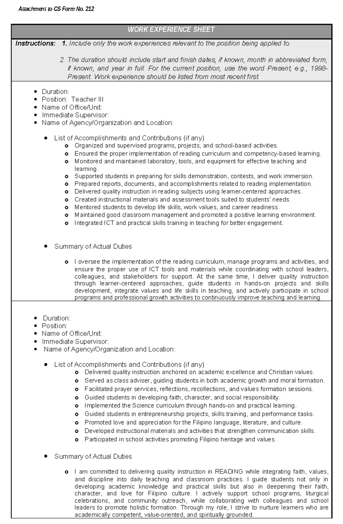 CS Form No. 212: Work Experience Sheet for Teaching Positions - Studocu