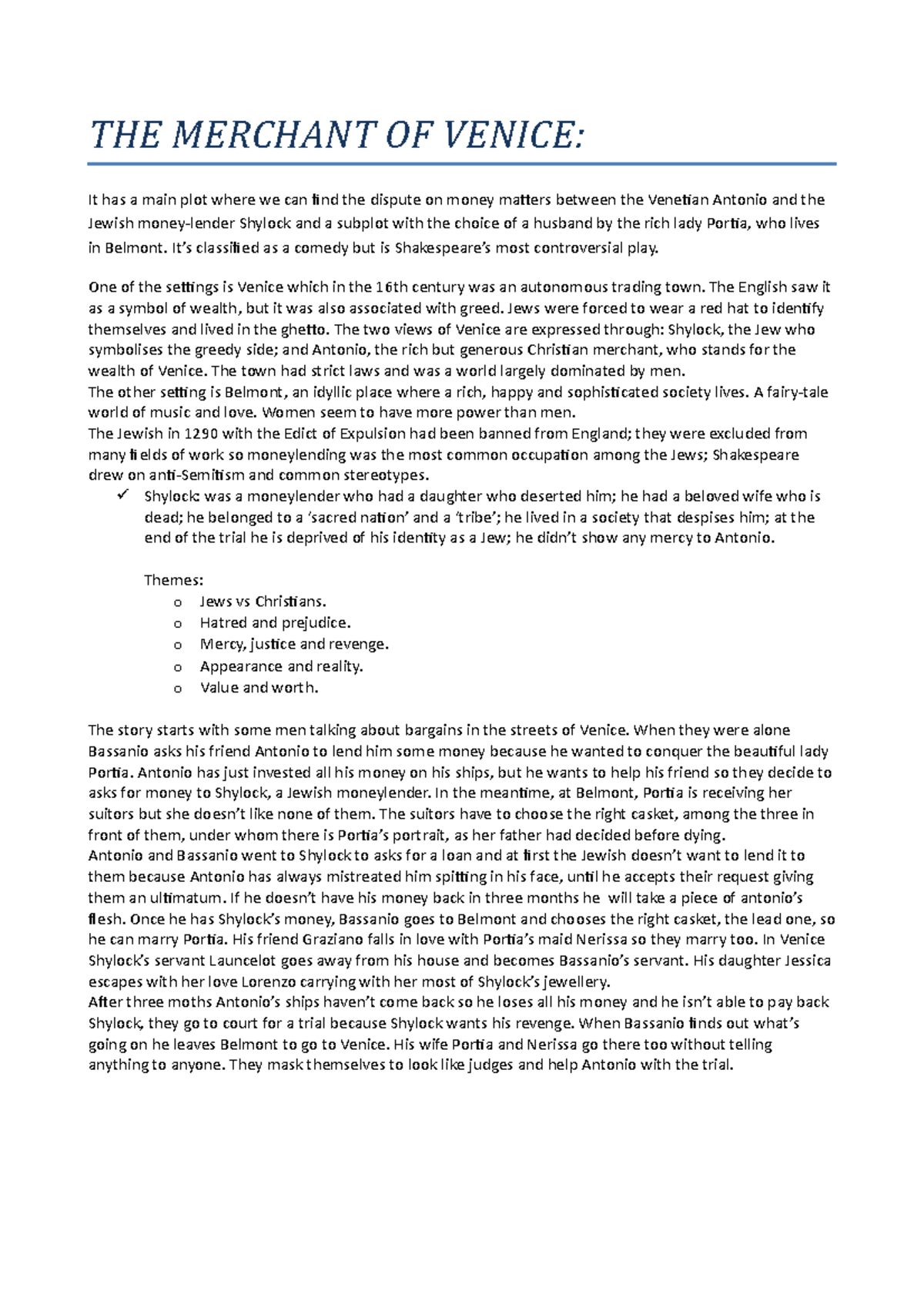 THE MERCHANT OF VENICE - Summary & Analysis (ENG 101) - Studocu