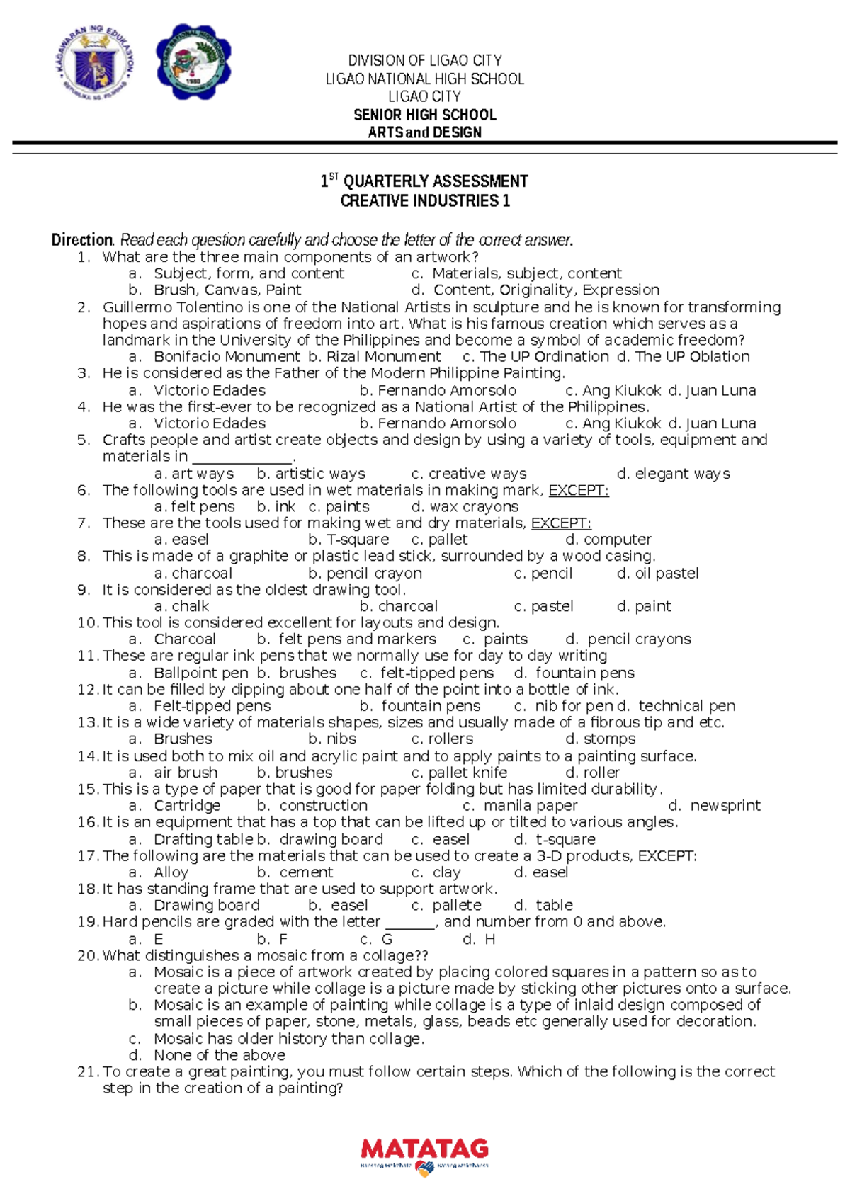 Creative Industries 1 - 1st Quarter Assessment Questions & Answers ...