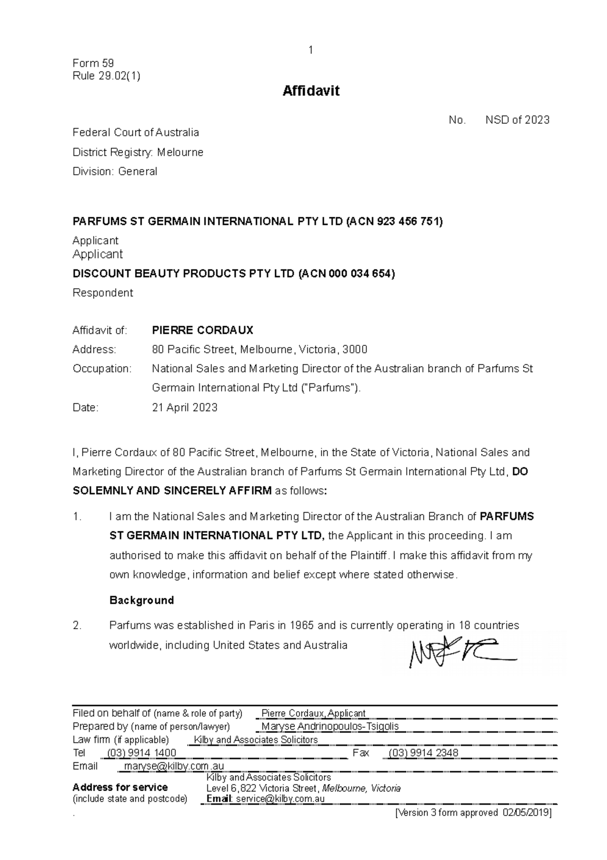 Affidavit Case NSD 2023 - Parfums St Germain v. Discount Beauty - Studocu