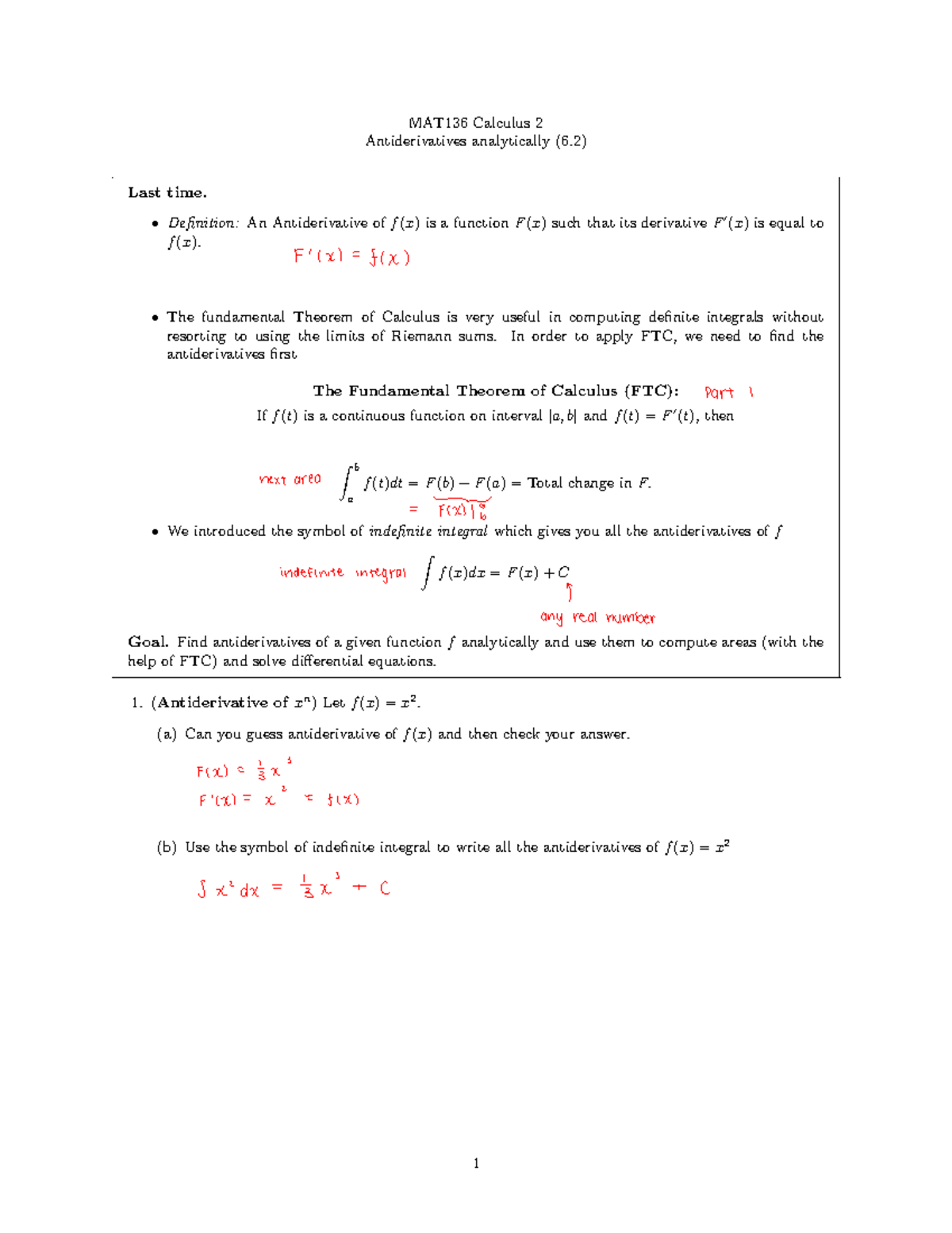 MAT136 Calculus 2 Antiderivatives and FTC Overview (Week 3) - Studocu
