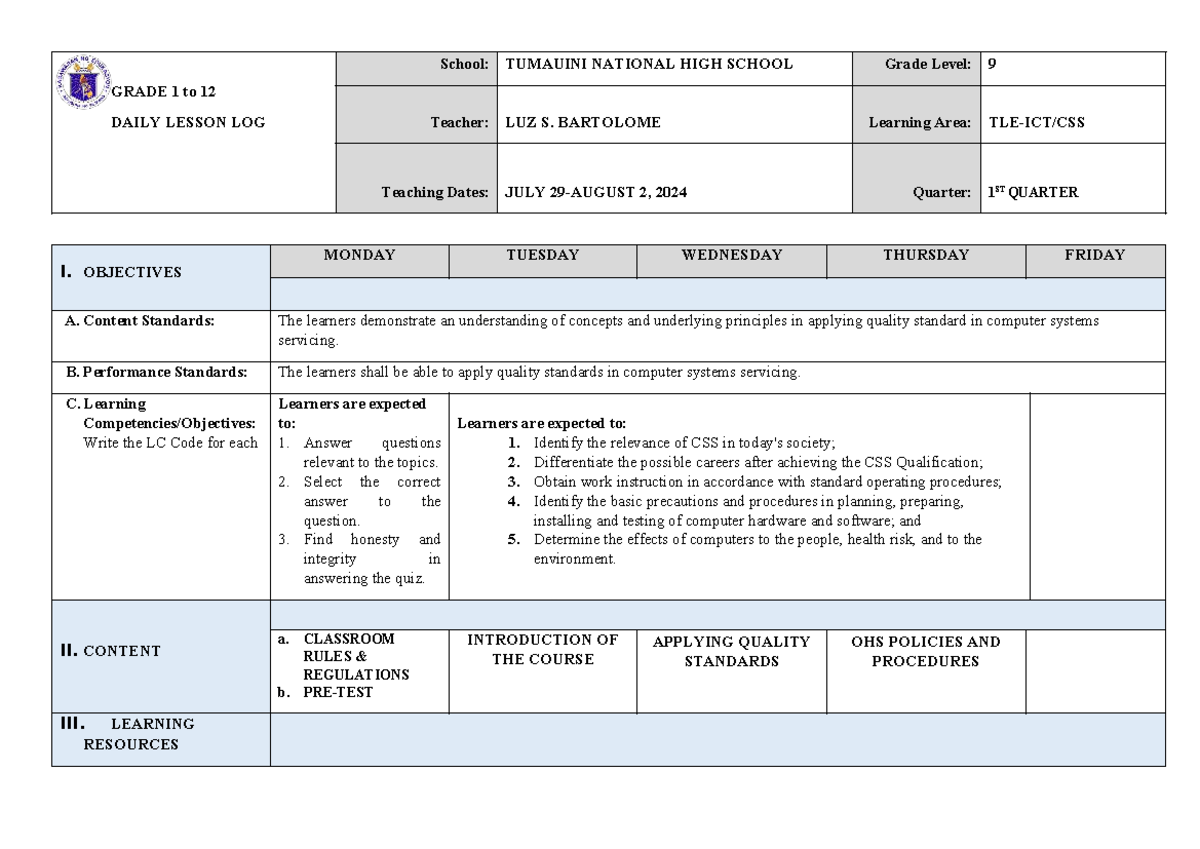 Grade 9 Daily Lesson Log (DLL) for Computer Systems Servicing - Week 1 - Studocu