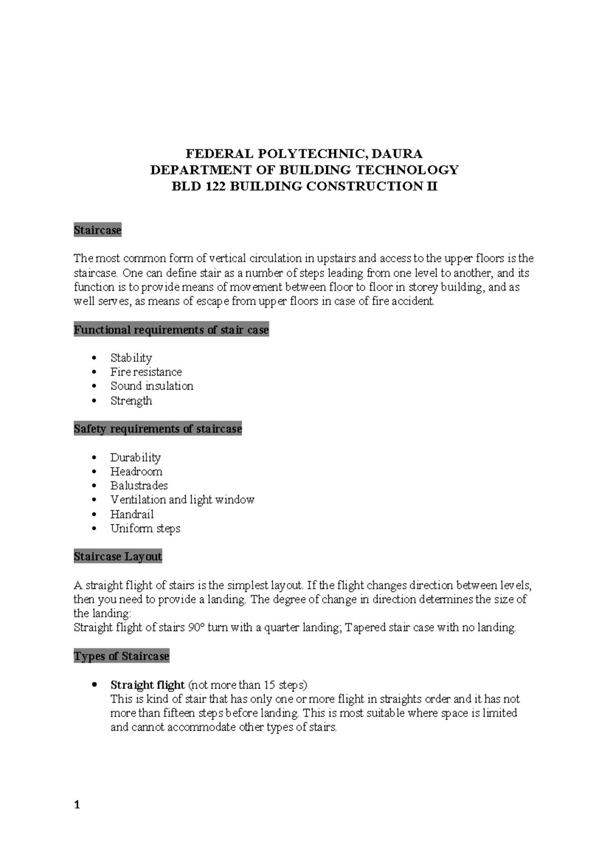 BLD 122 Building Construction II: Staircase Design and Requirements ...