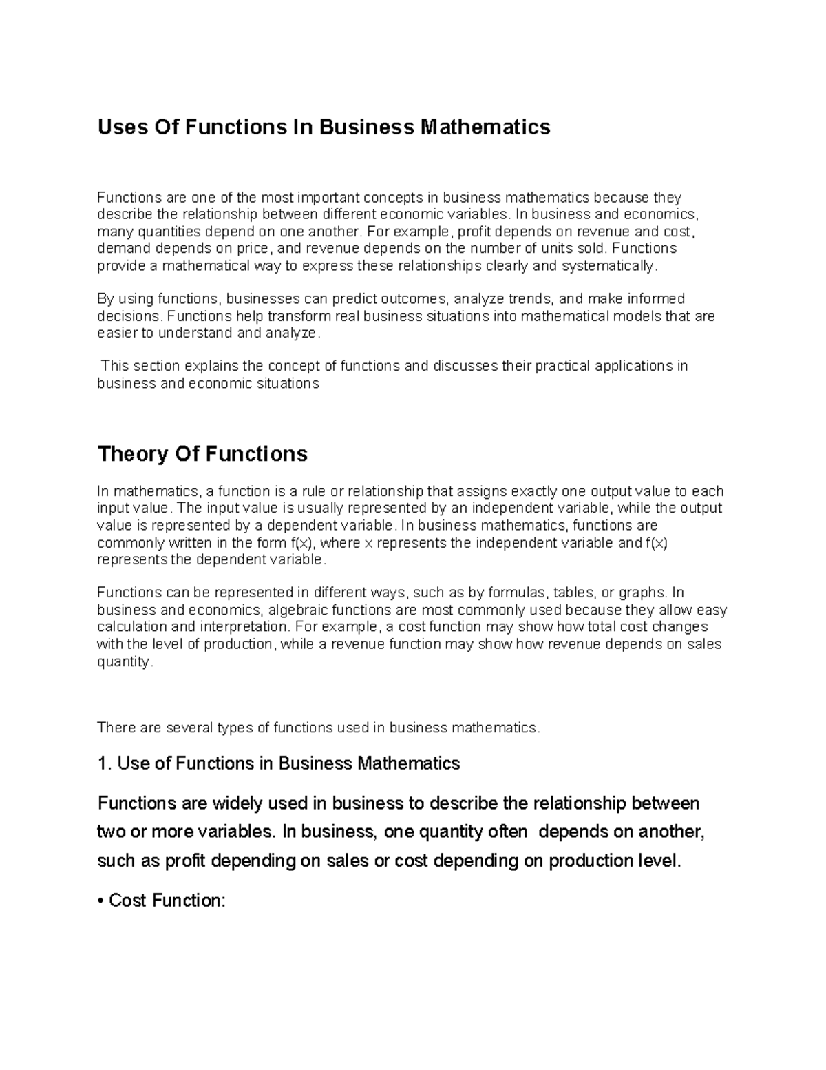 Functions in Business Mathematics: Applications and Analysis - Studocu