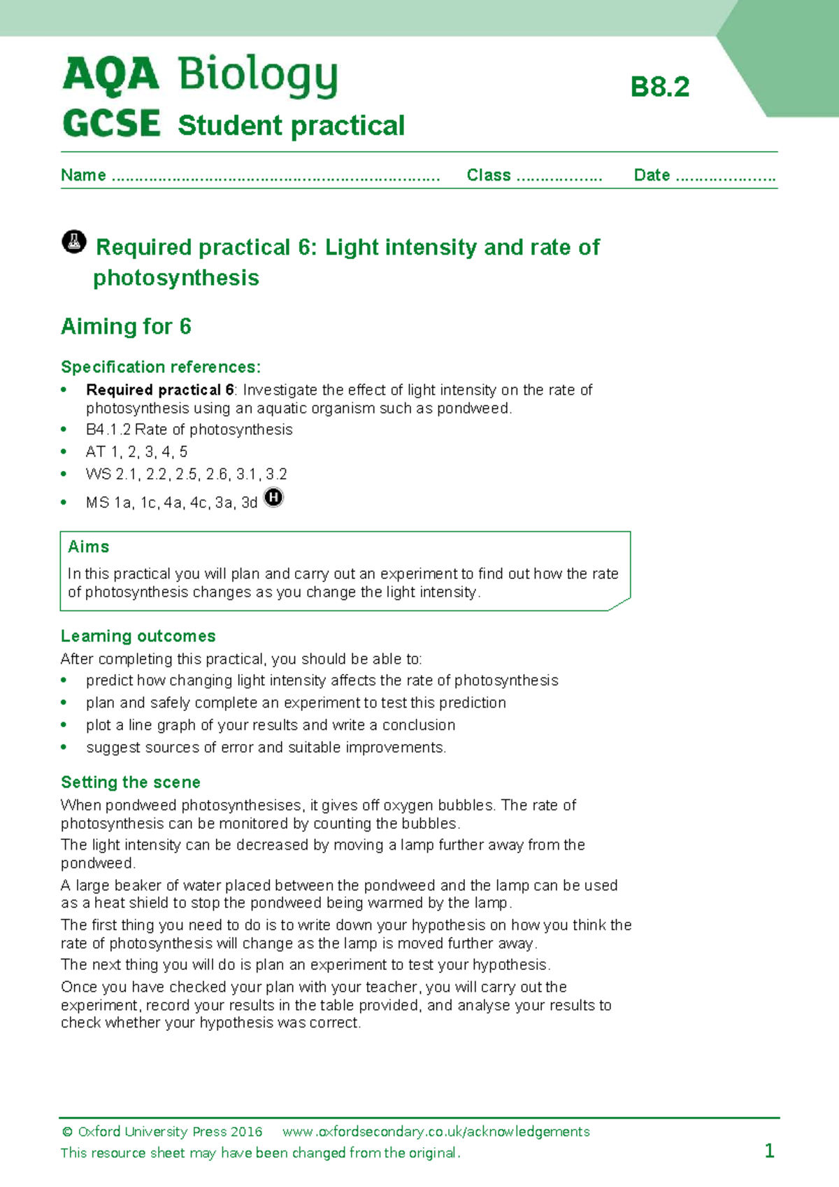 B8.2 Required Practical 6: Light Intensity & Photosynthesis Experiment ...