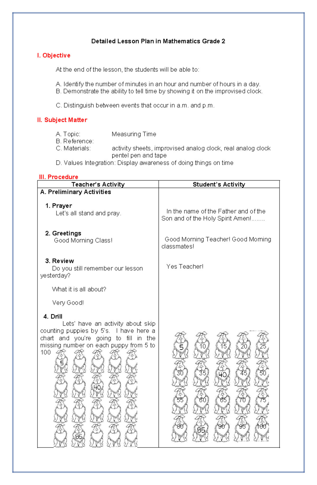 Revised Lesson Plan for MATH 2: Measuring Time Activities - Studocu