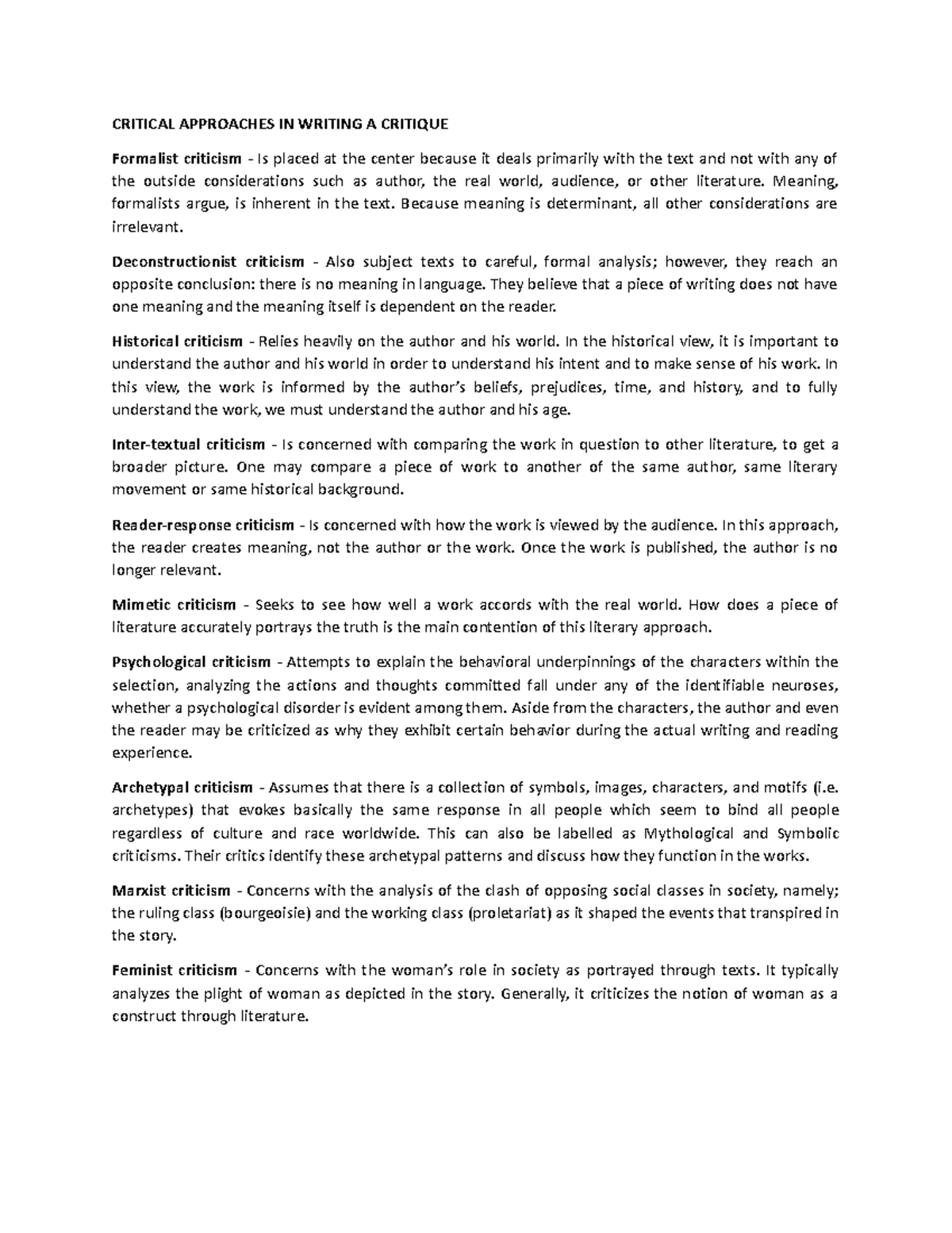 Critical Approaches IN Writing A Critique - CRITICAL APPROACHES IN ...