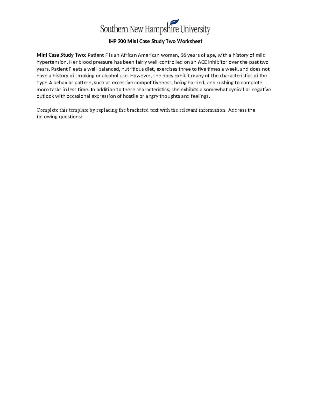 IHP 200 Mini Case Study 2: Managing Hypertension in Patient F - Studocu