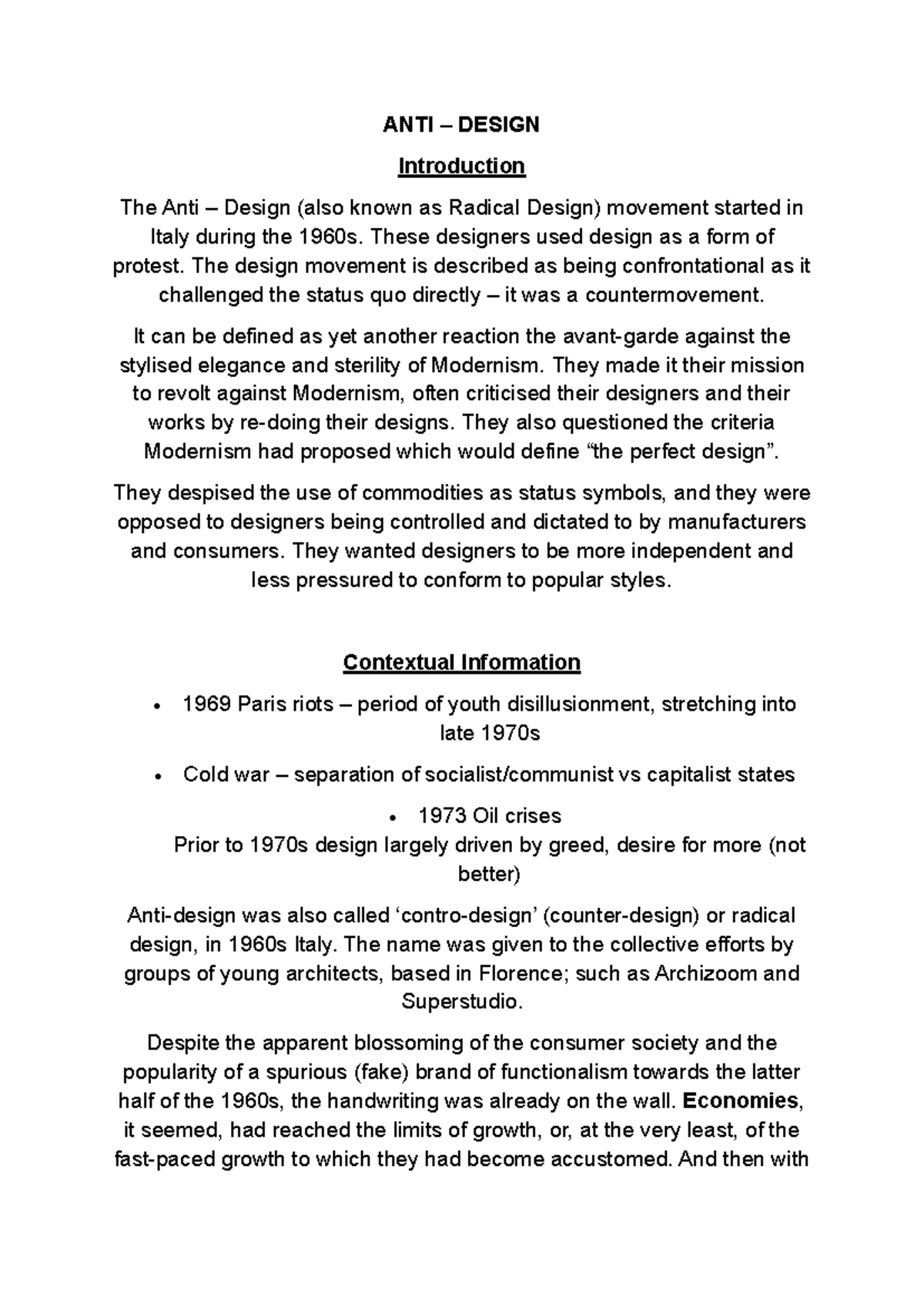 ANTI-DESIGN: Study Notes on Radical Design Movement - Studocu