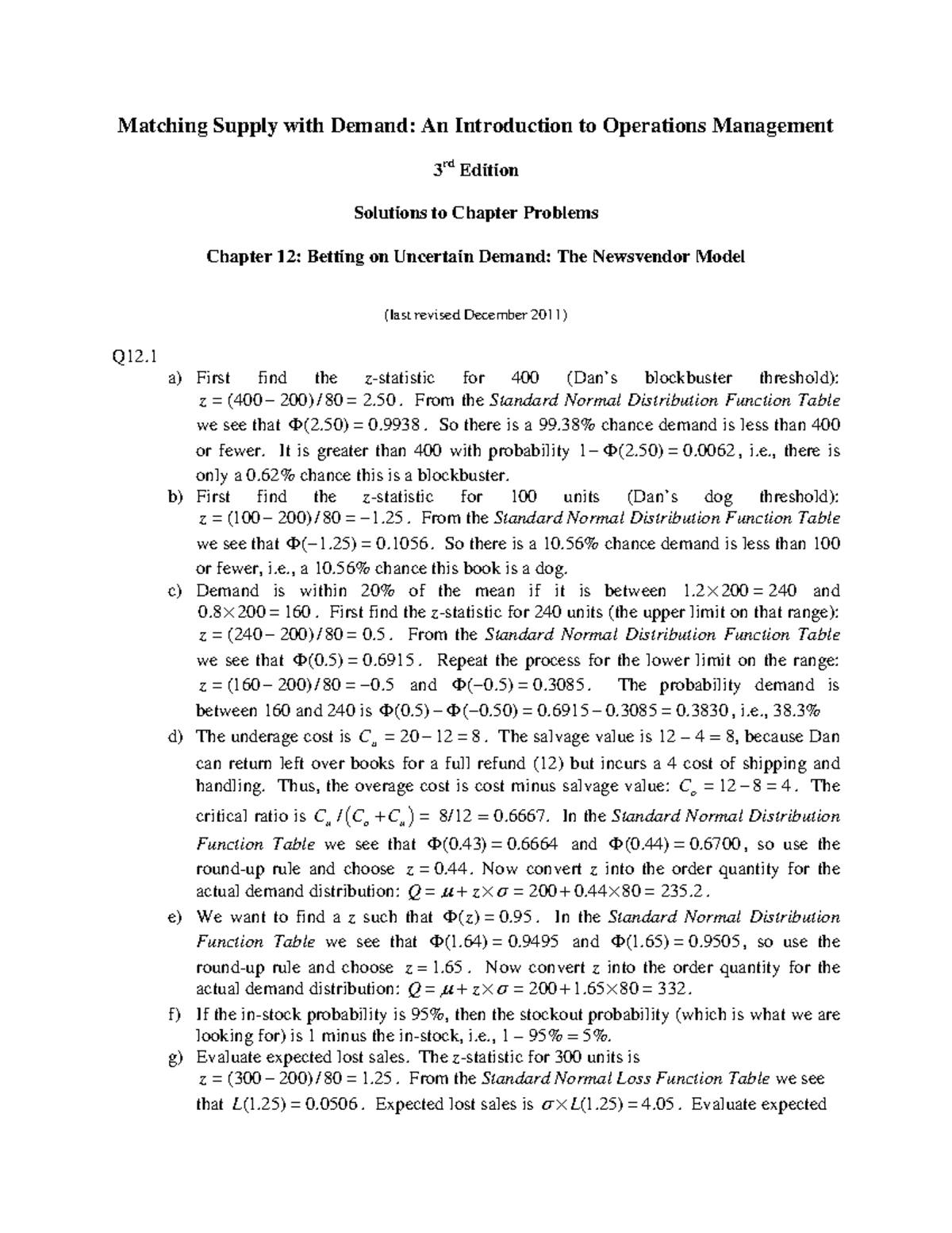 Chapter 12 Practice Questions and Solutions for OM 101 - Studocu
