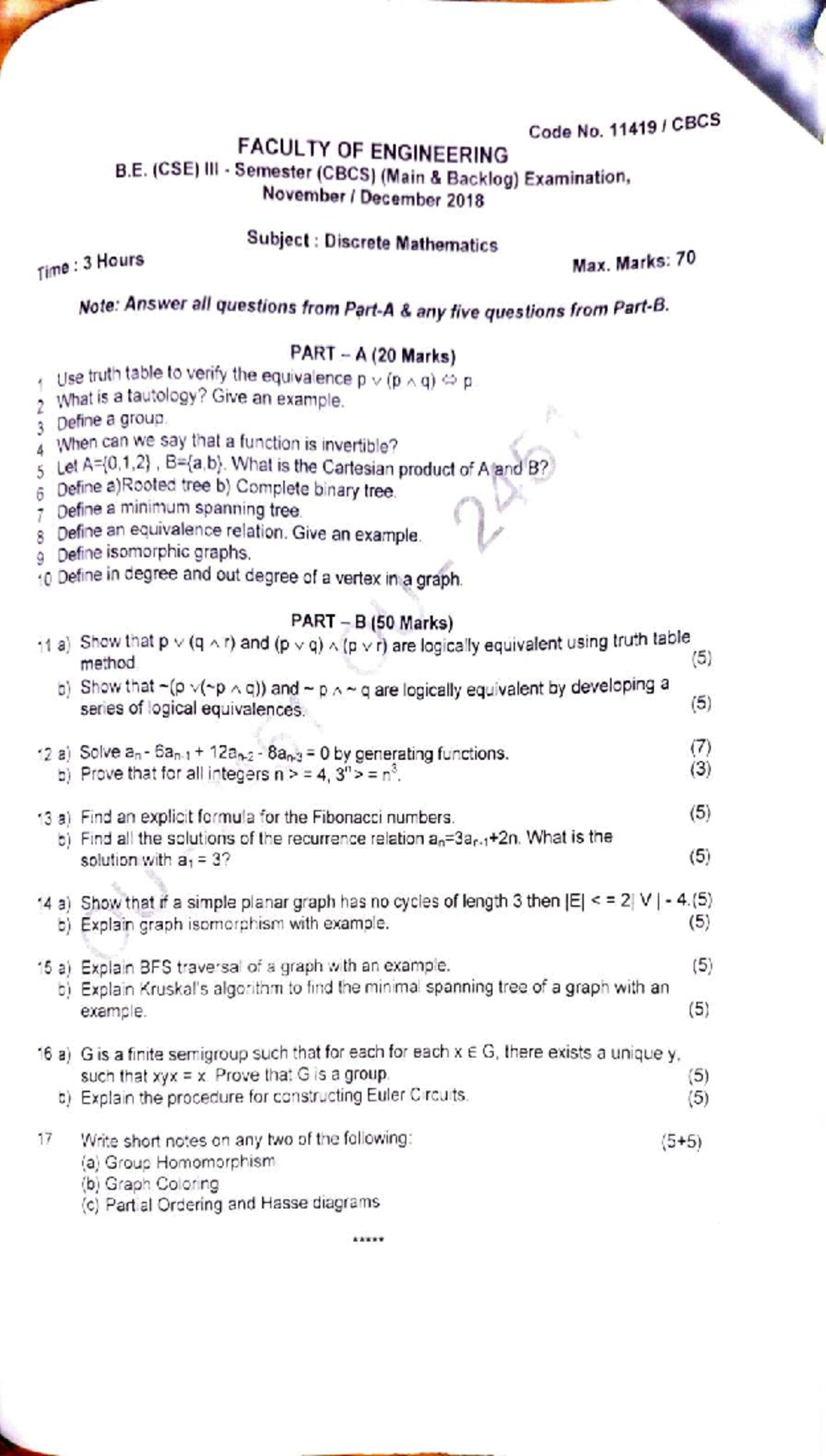 Discrete Mathematics Exam Papers (B.E. CSE) - Comprehensive Collection ...