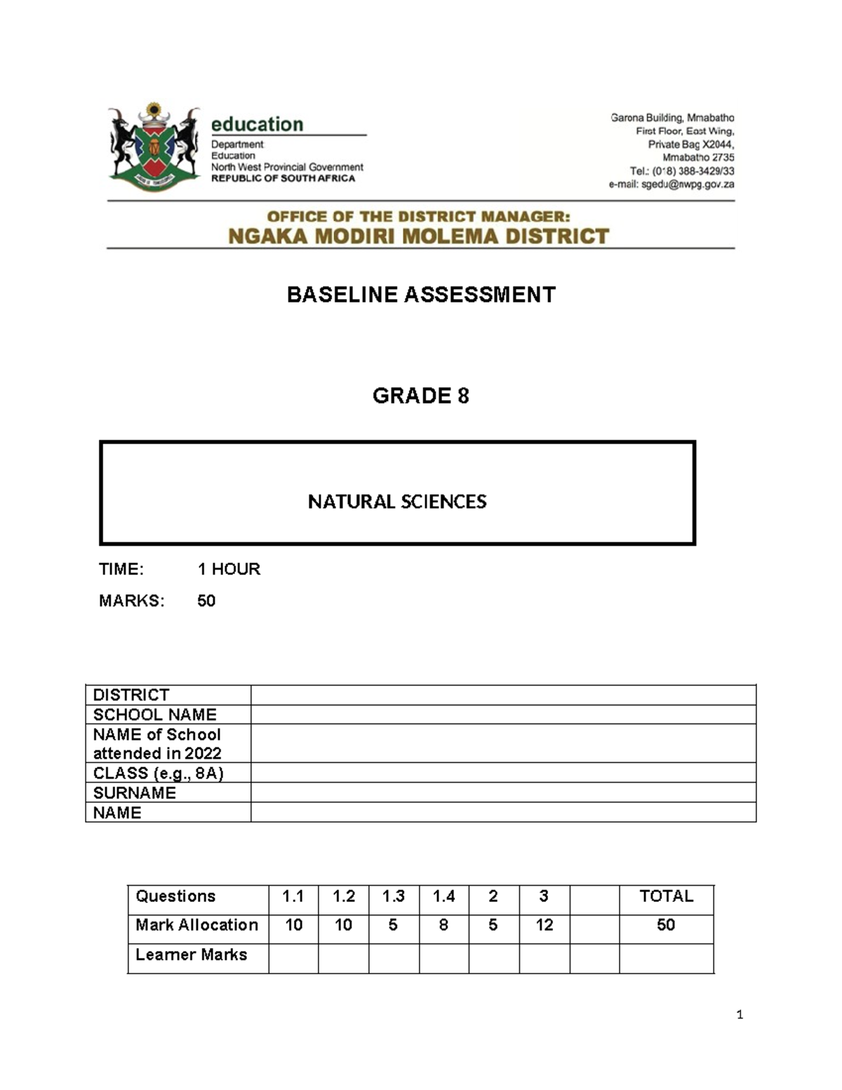 Grade 8 Natural Sciences Baseline Assessment - 2024 NS 8 - Studocu