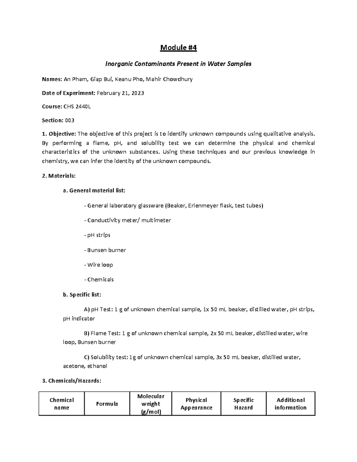 Pre-lab 4 Part 1 - Module Inorganic Contaminants Present in Water Samples Names: An Pham, Giap ...
