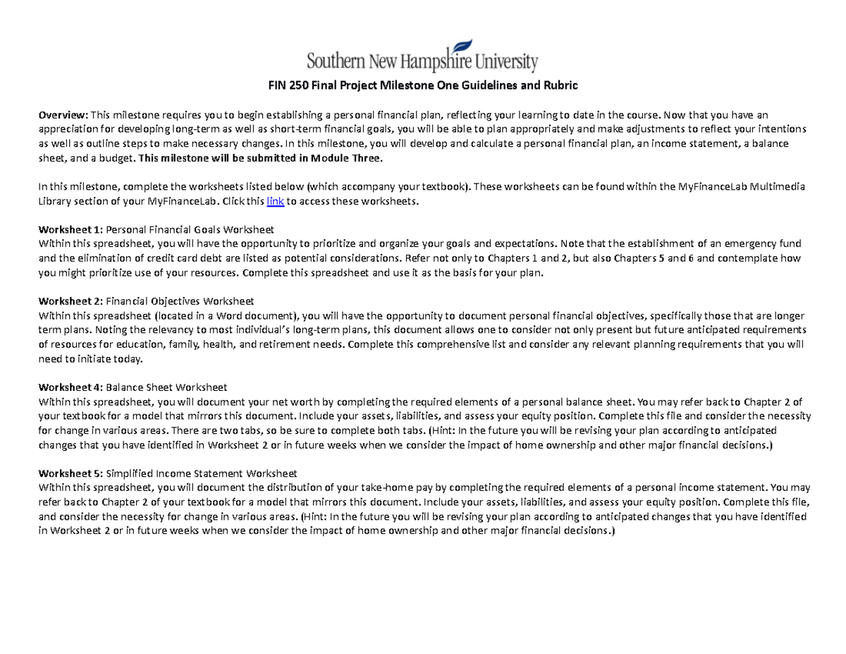 FIN 250 Final Project Milestone One: Guidelines & Rubric Summary - Studocu