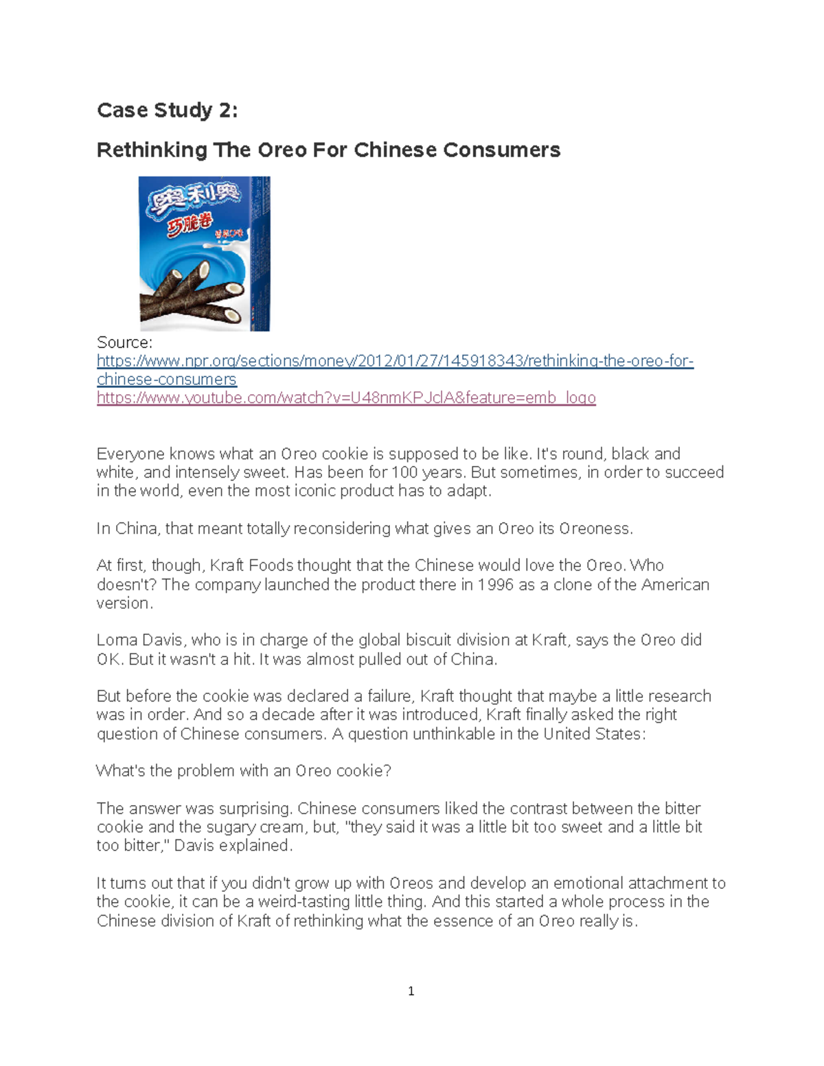 CB2601 Lecture 3 Case Study 2 Oreos in China - 1 Case Study 2 ...