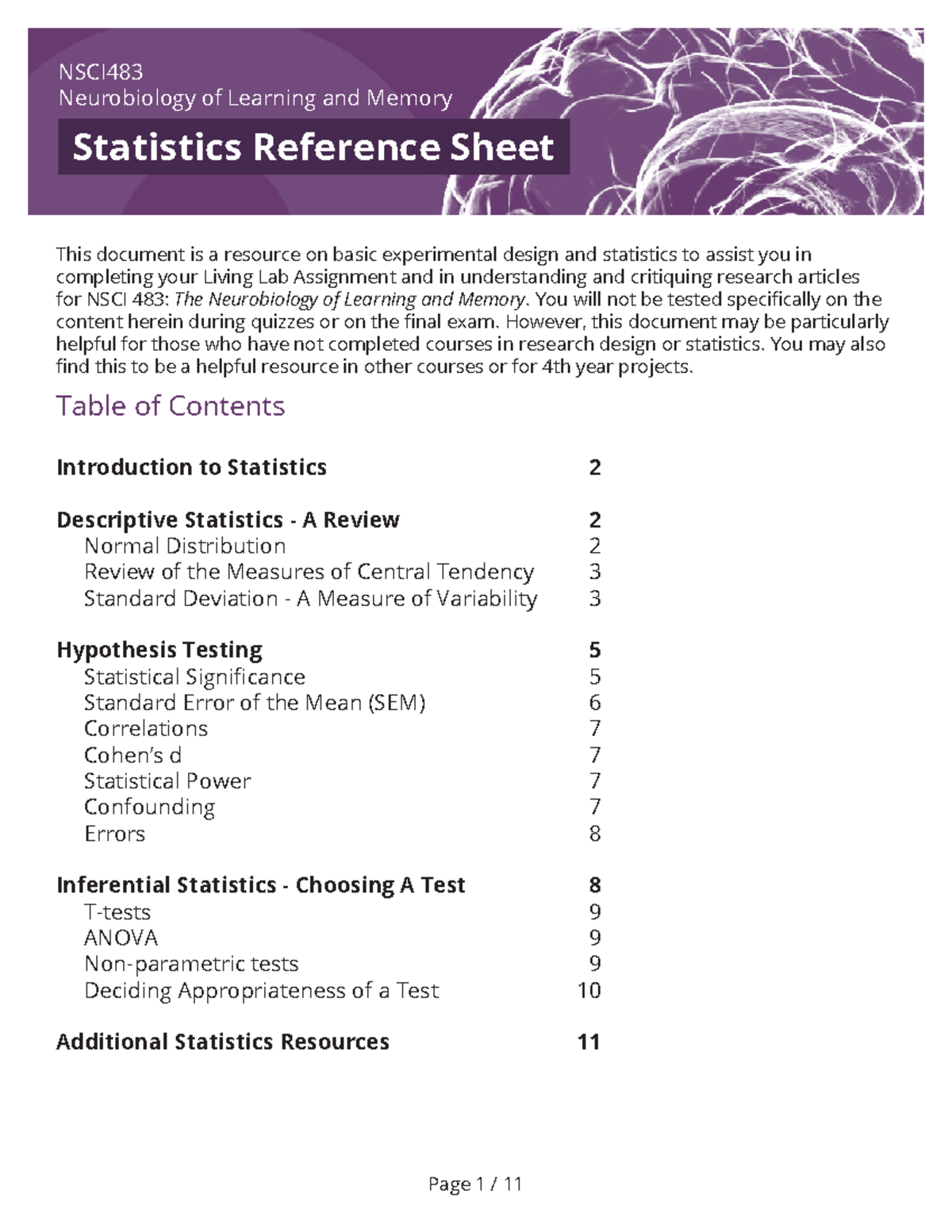 NSCI483 Statistics Reference Sheet for Neurobiology of Learning and ...