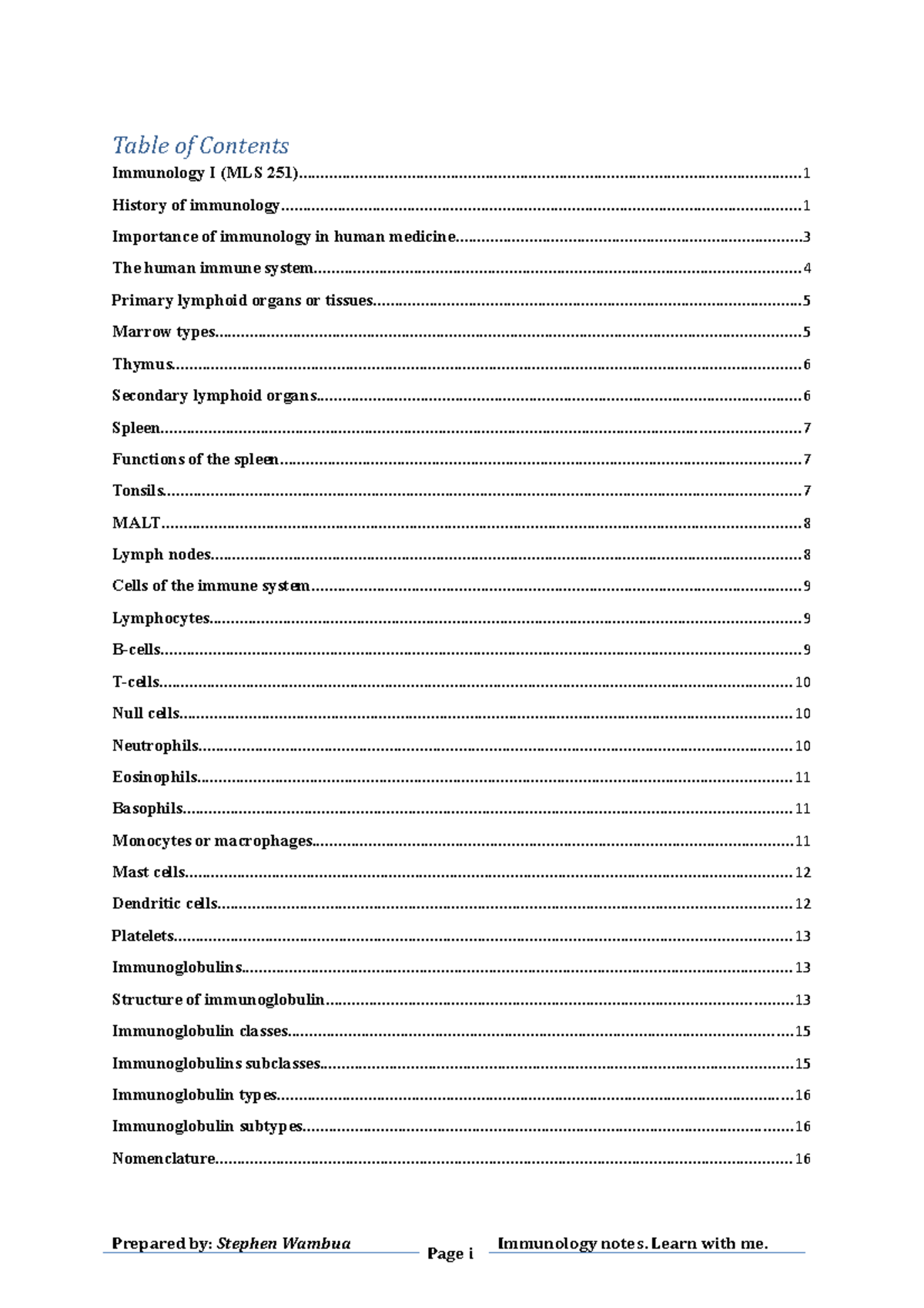 Immunology Teaching Notes - Table of Contents Prepared by: Stephen ...