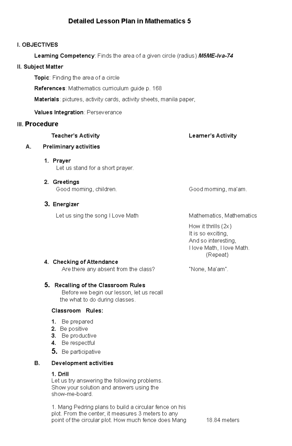 Detailed Lesson Plan for Math 5 - Finding Area of Circles - Studocu