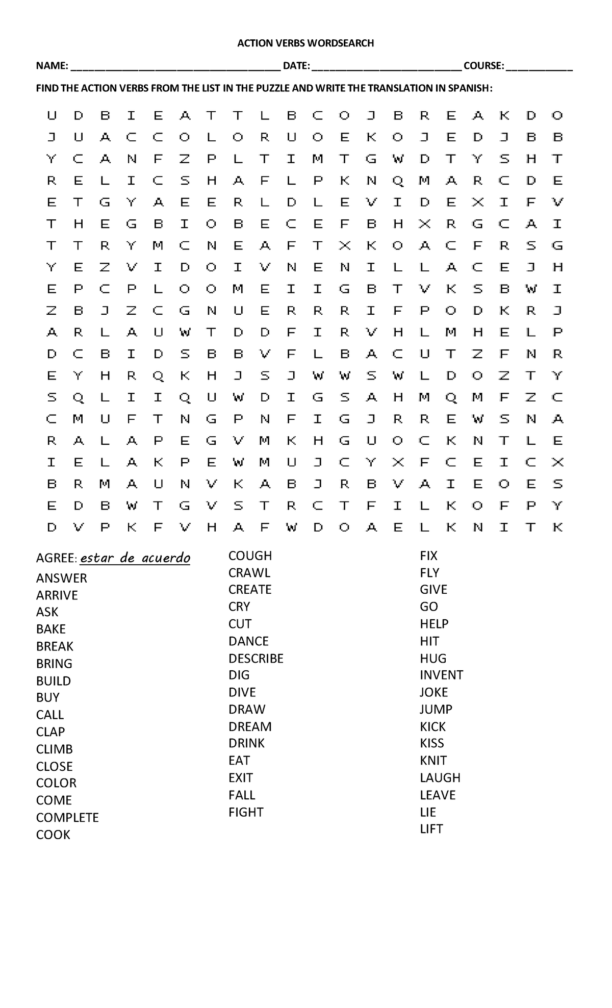 GUIA Action Verbs Octavos - ACTION VERBS WORDSEARCH NAME