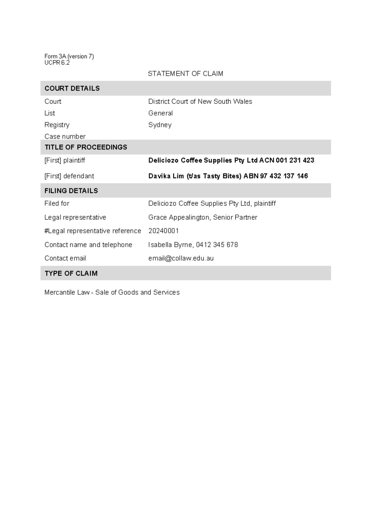 CL T1 A3 - Sample Statement of Claim for Mercantile Law Case - Studocu