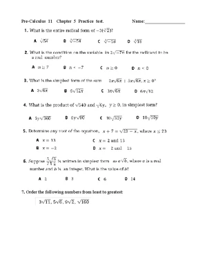 Pre-Cal 11 Ch 3 Quadratic Functions Practice Test - Studocu