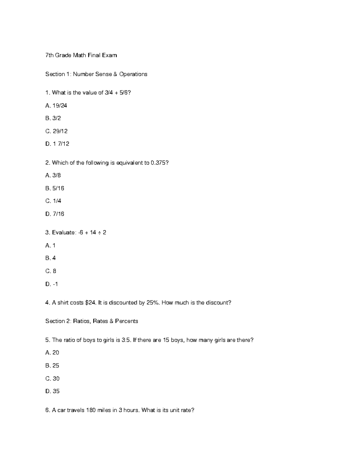 7th Grade Math Final Exam - Number Sense & Geometry - Studocu