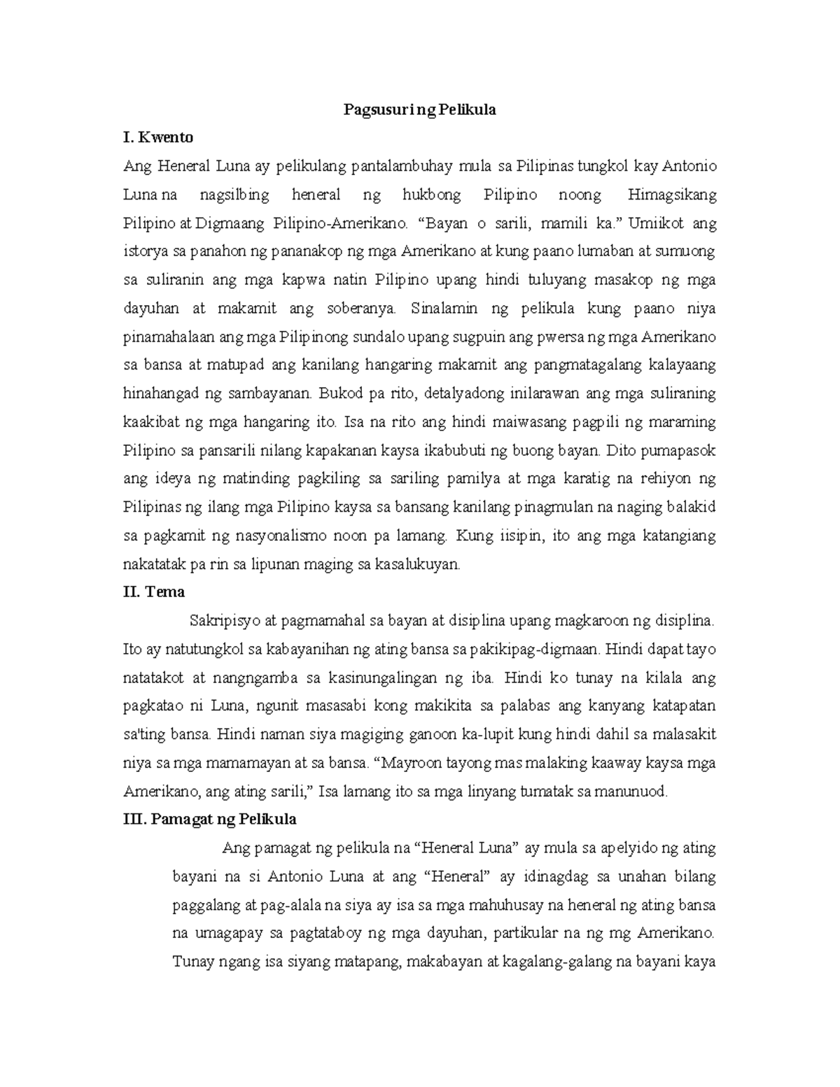 Pagsusuri ng pelikula - n/a - Pagsusuri ng Pelikula I. Kwento Ang ...