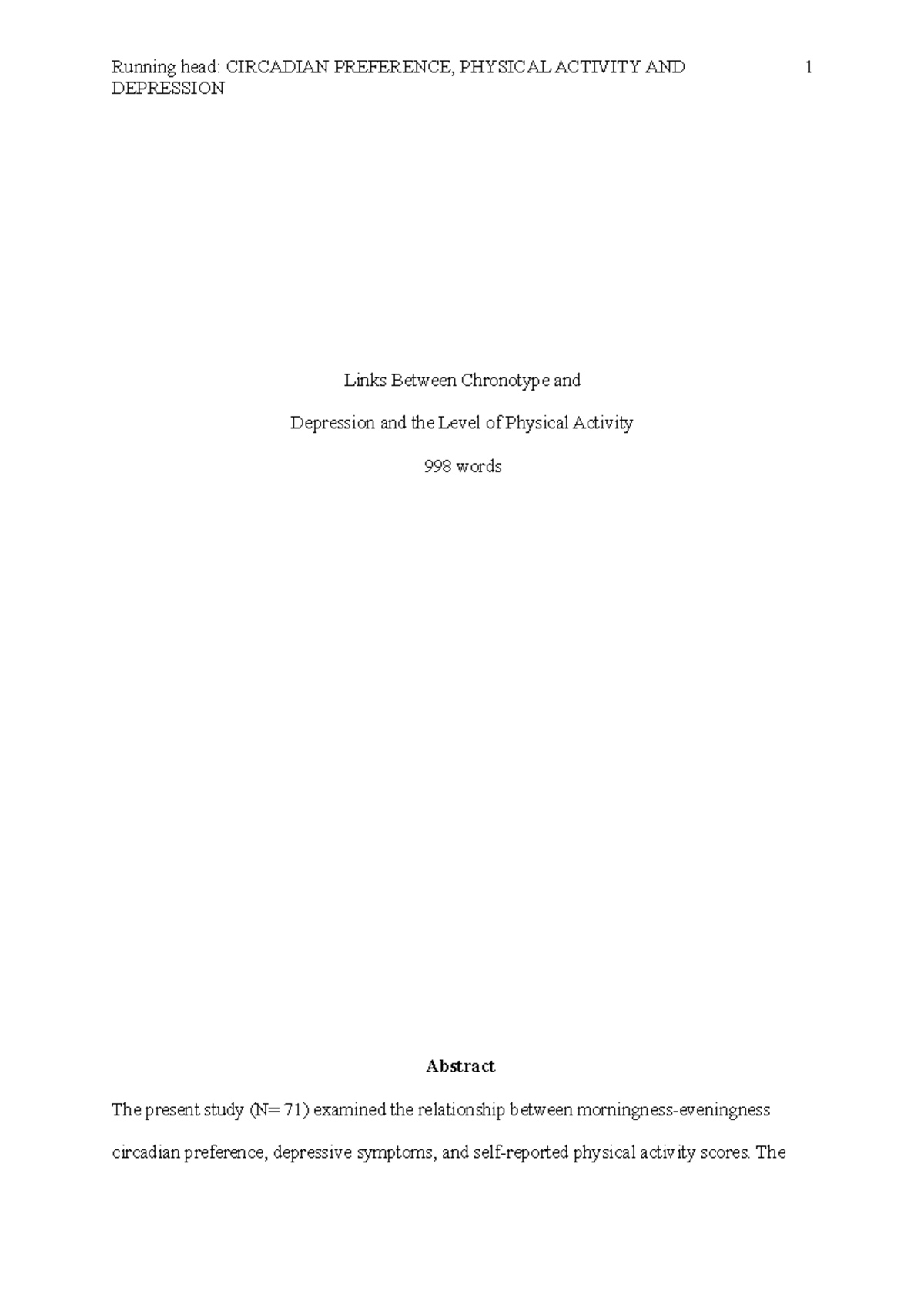 PSY251 lab report - Running head: CIRCADIAN PREFERENCE, PHYSICAL ACTIVITY AND DEPRESSION Links ...
