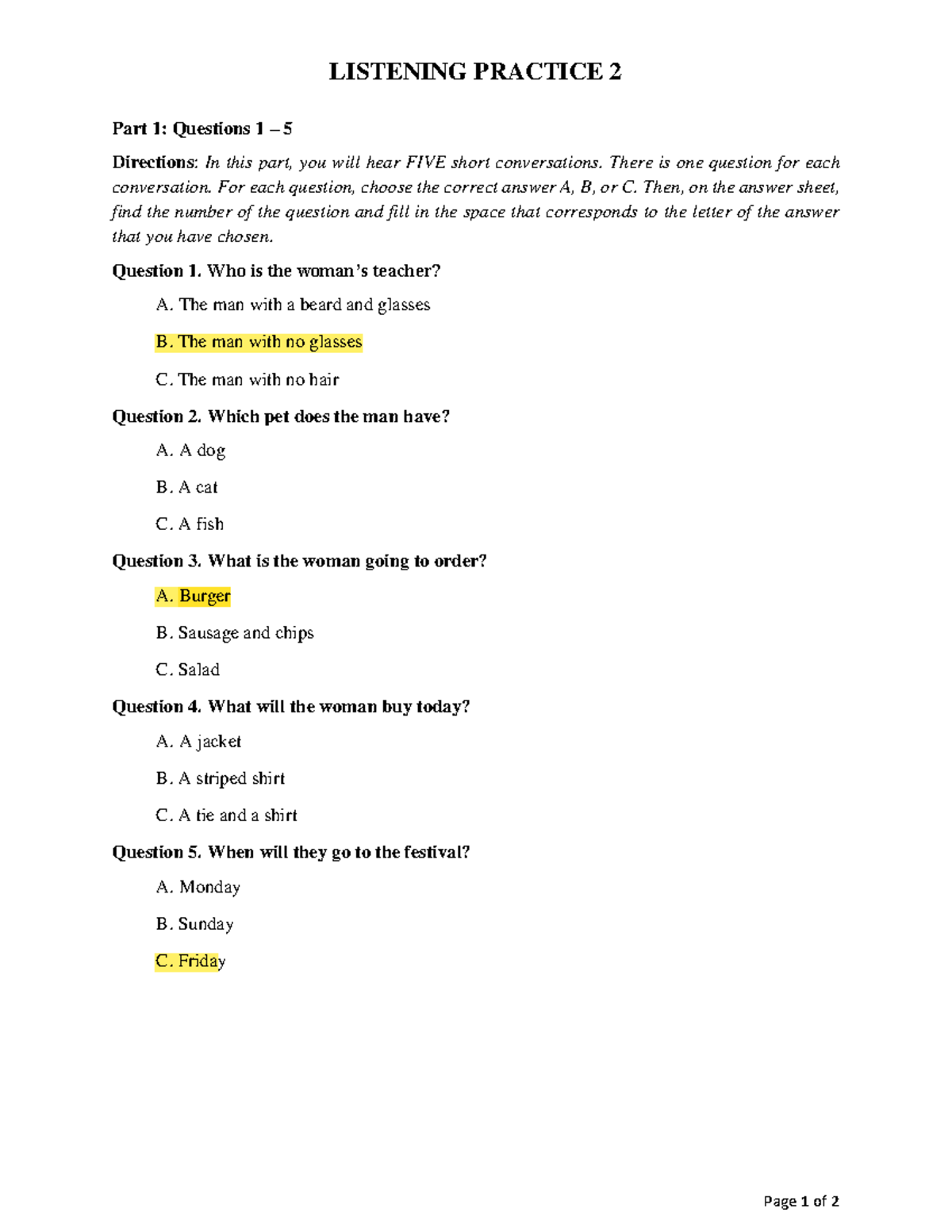 Listening Practice 2 - Conversations & Questions - Studocu