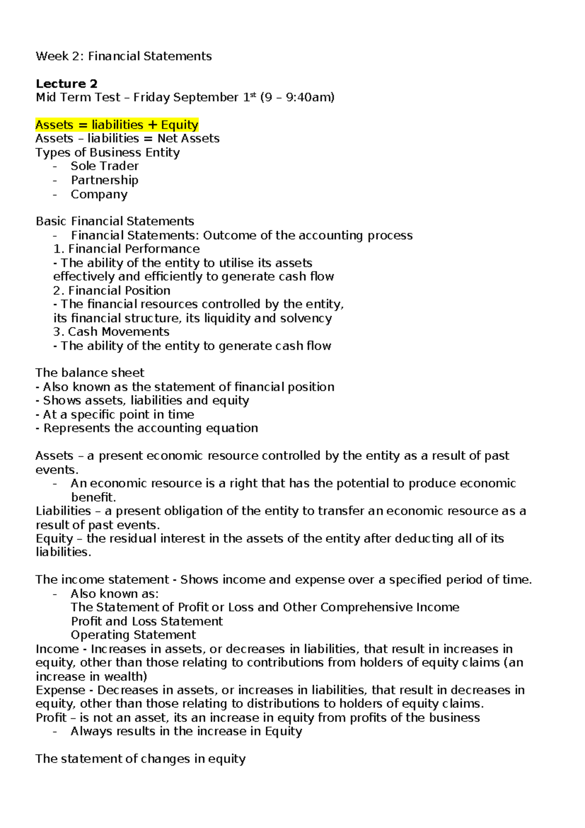 Accounting Foundations Notes - Week 2: Financial Statements Lecture 2 ...