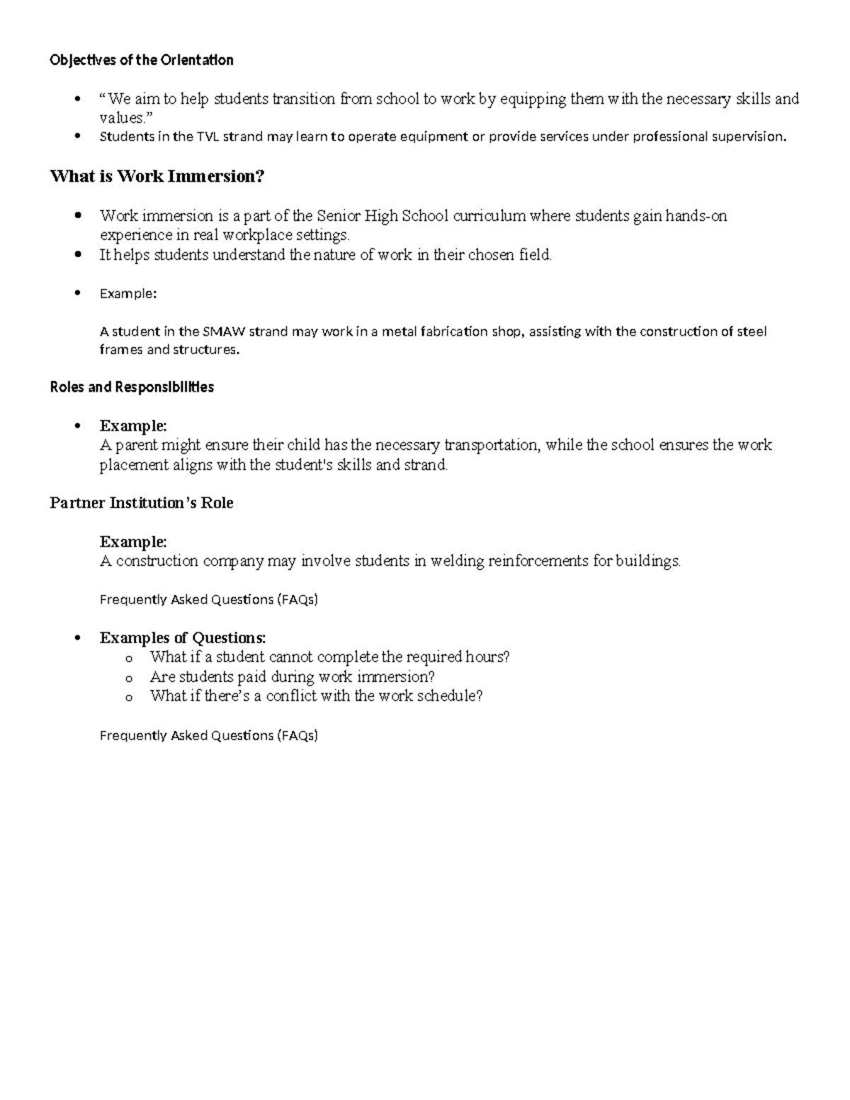 Objectives of the Orientation for Work Immersion in TVL Strand - Studocu