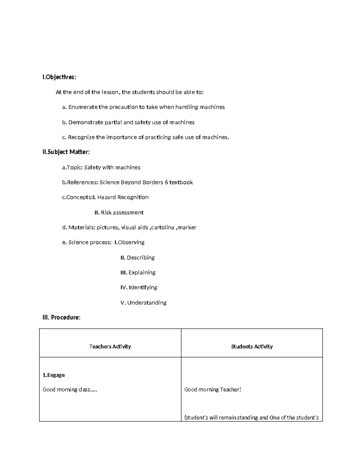 Safety Precautions for Machine Handling - Science 6 Lesson Plan - Studocu