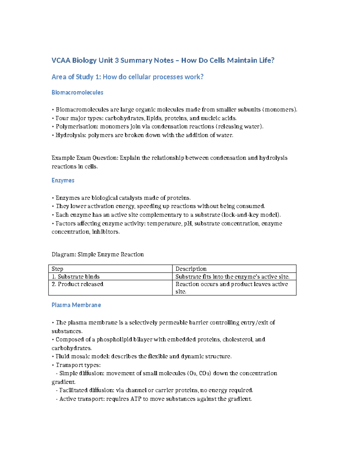 Unit 3 Biology Summary Notes: Cellular Processes & Life Maintenance ...