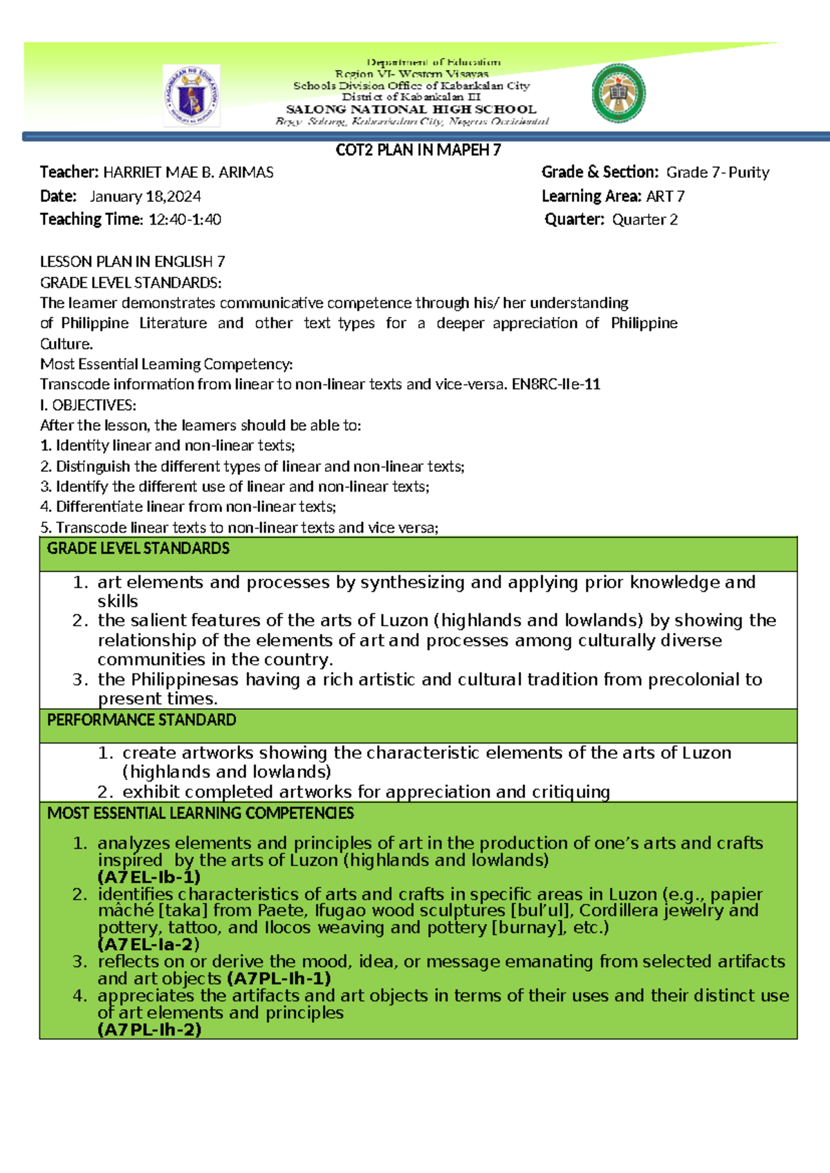 COT2 2023-2024 - Lesson Plan on Arts of Luzon and Non-linear Texts ...