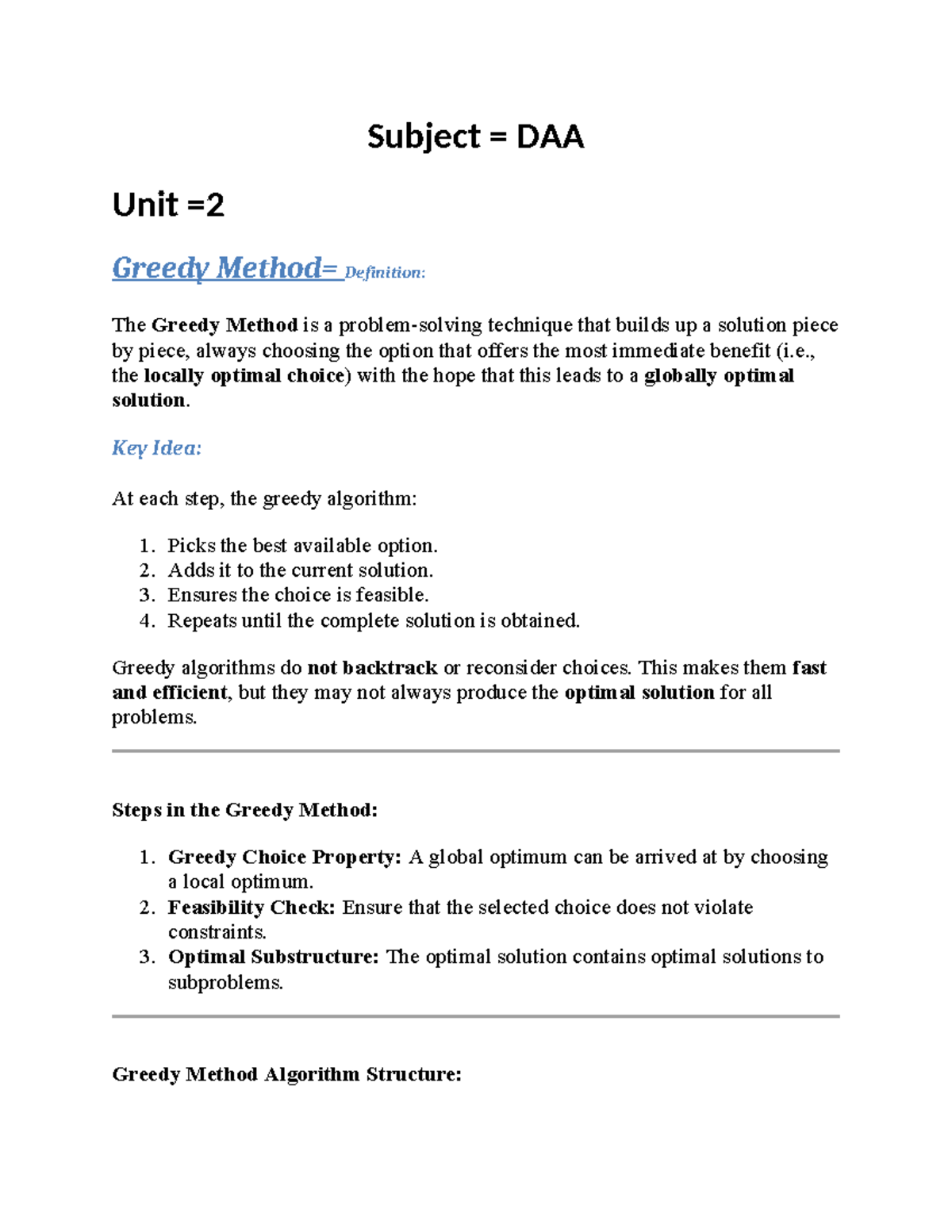 DAA 2nd Unit Notes: Greedy Algorithms and Applications - Studocu