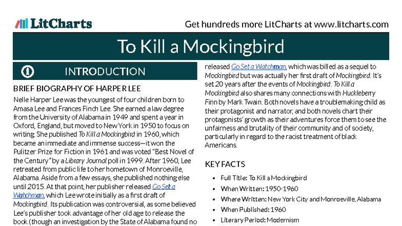 To Kill a Mockingbird INTR Introduction & Key Facts Summary - Studocu