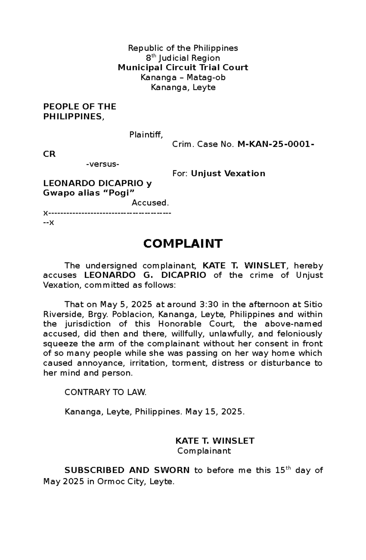 Crim. Case No. Unjust Vexation: Sample Police Complaint Document - Studocu
