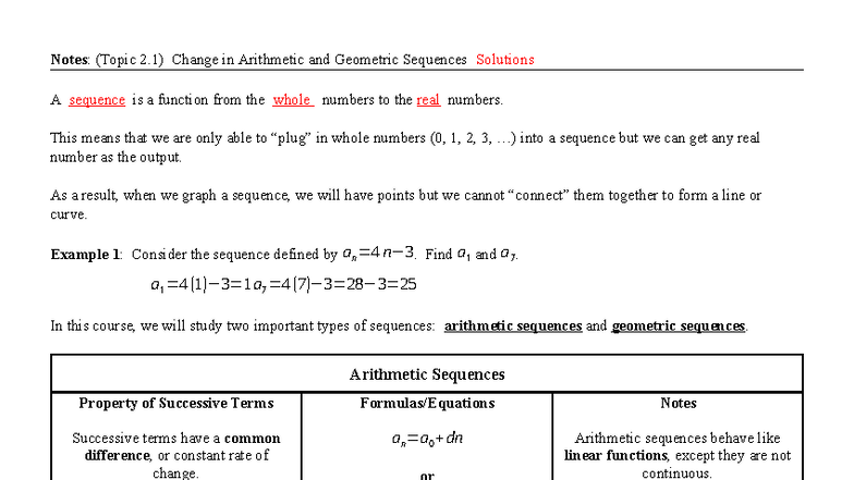 Notes: (Topic 2.1) Key Concepts in Arithmetic & Geometric Sequences ...